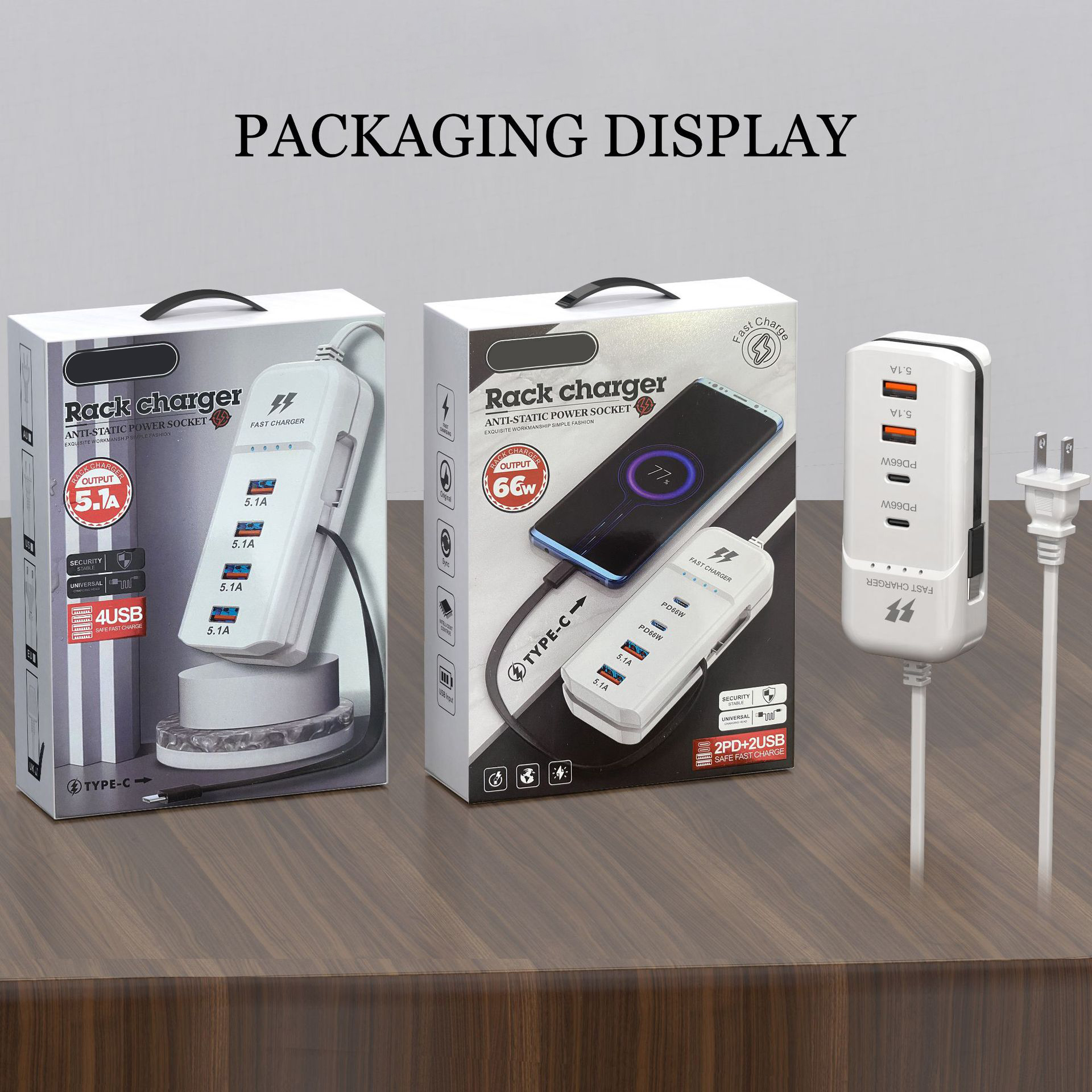 4 Port USB Charger With Type C Socket Extension Cable Multi Port Dual ...