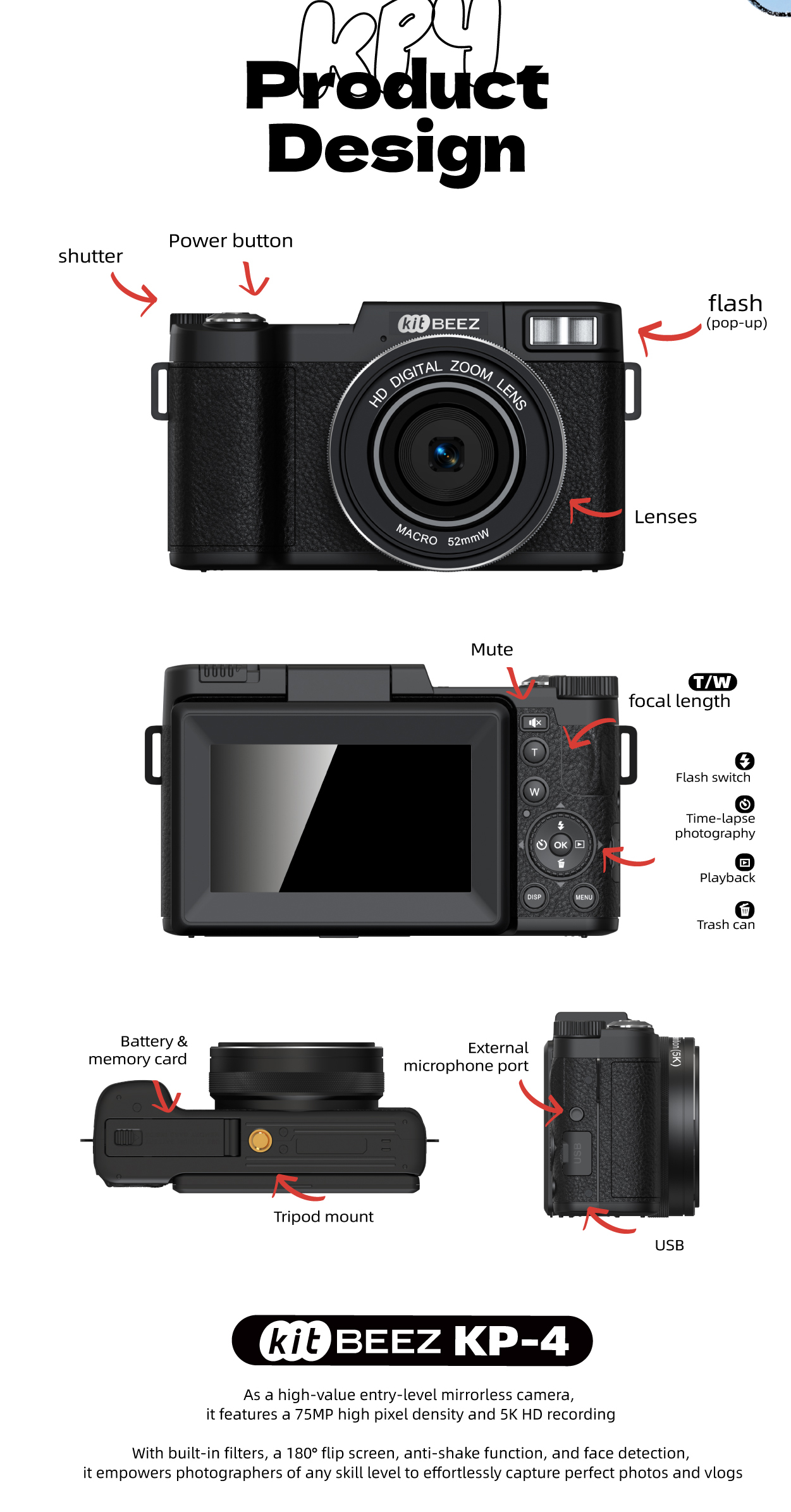 【KiTBEEZ KP-4】 5K WiFi Digital Camera 75MP 18X Zoom Autofocus Pop-Up ...