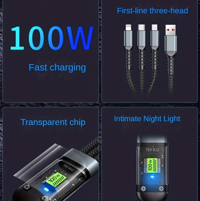 3 in 1 Super-fast charging cable USB Cable 100W night-luminous For IOS ...