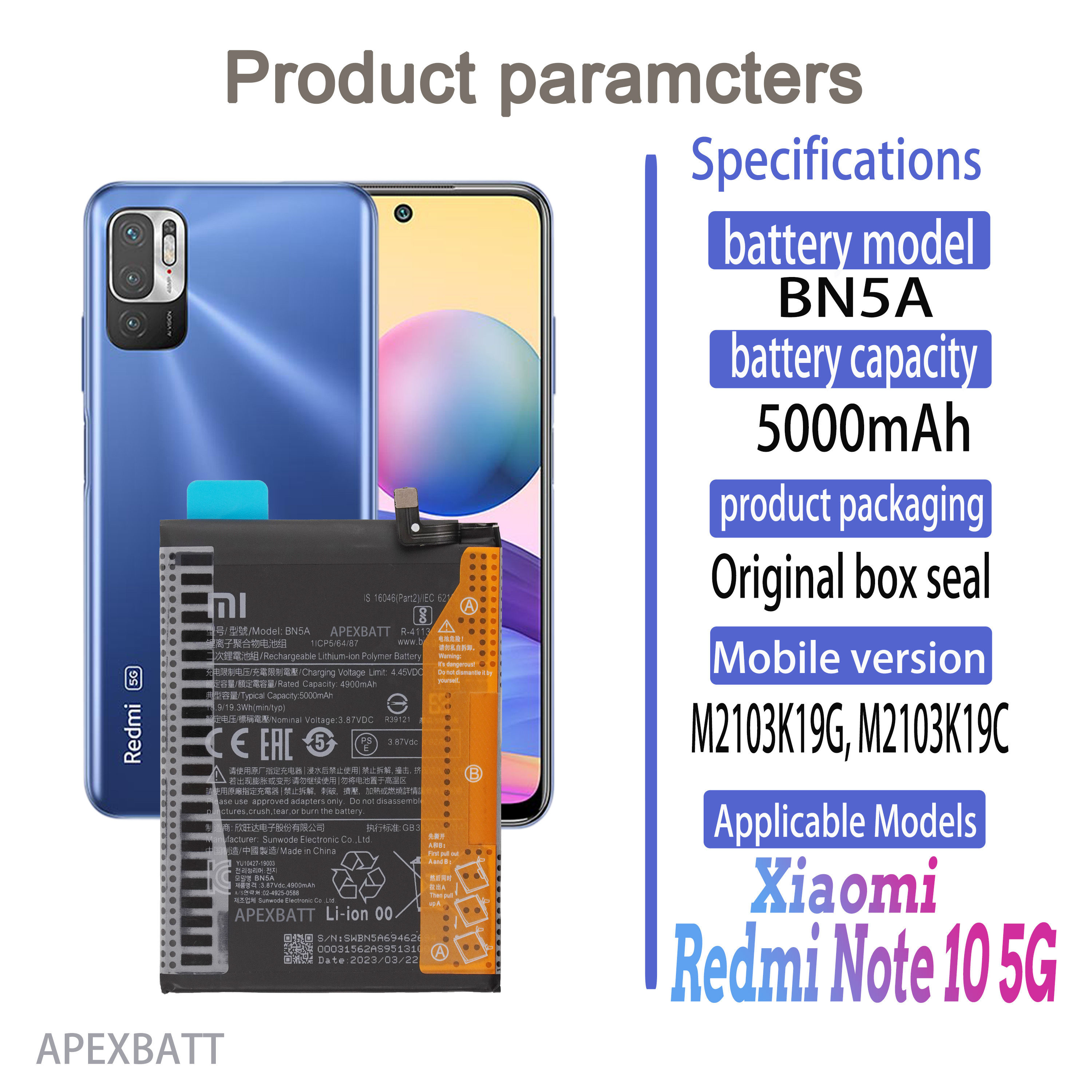 APEXBATT BN5A Phone Battery For Xiaomi Redmi Note 10 5G Replacement ...