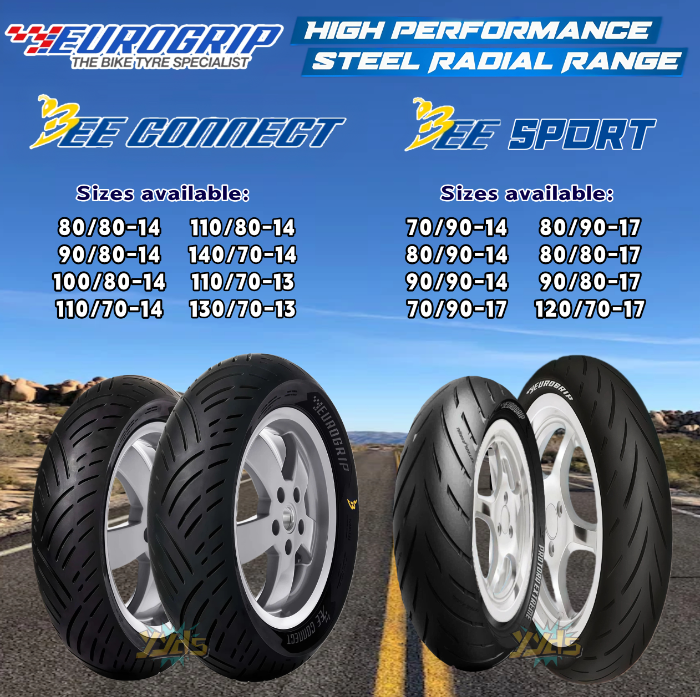 EUROGRIP TIRE BEE CONNECT/BEE SPORT TUBELESS TIRE 13"/14"/17" FREE PITO ...
