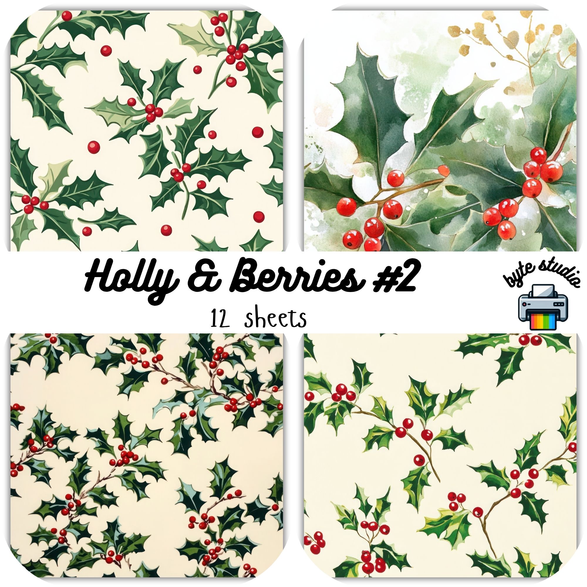 12 Sheets Holly & Berries #2 by byte studio | Cardstock Craft Paper ...