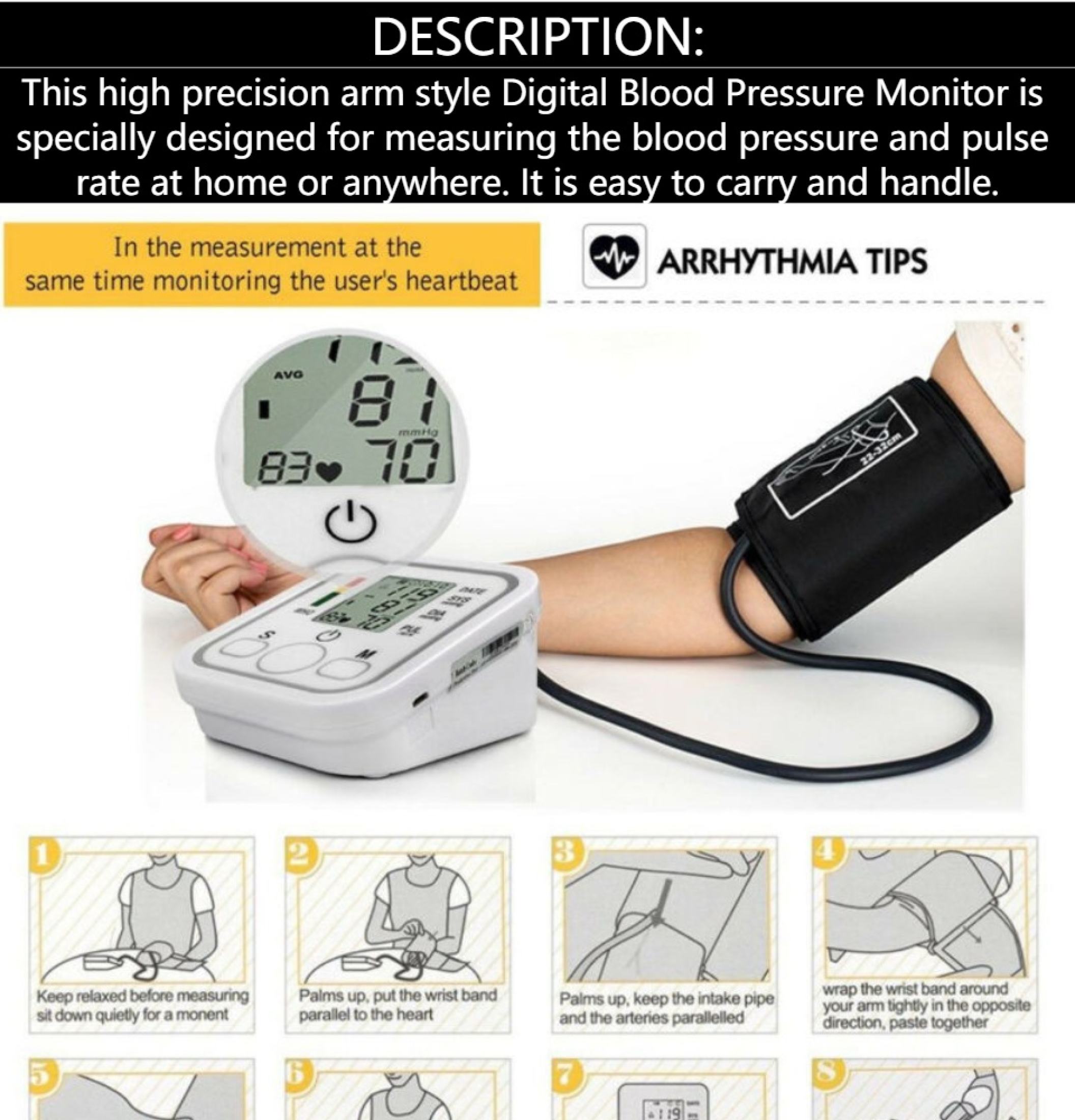 Upper Arm Electronic Blood Pressure Monitor Home Automatic Digital ...