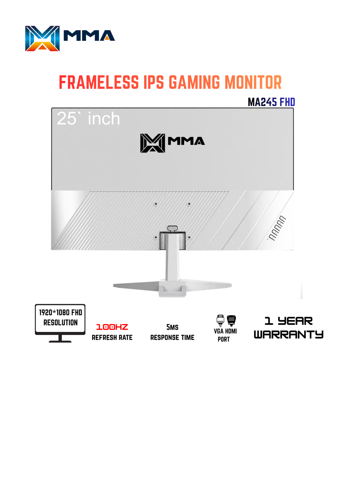 MMA 25`Inch IPS frameless Gaming Monitor WHITE 100hz FHD Desktop or ...