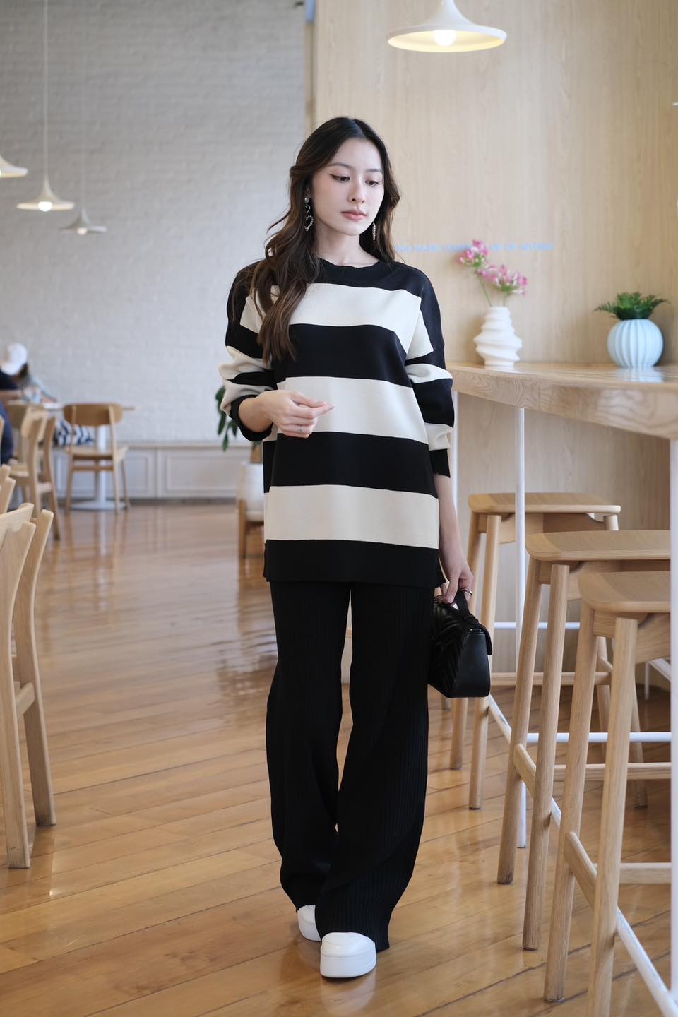 EZ Side Slit Hem Long Sleeve Stripe Top & Wide Leg Garter Ribbed Pants ...