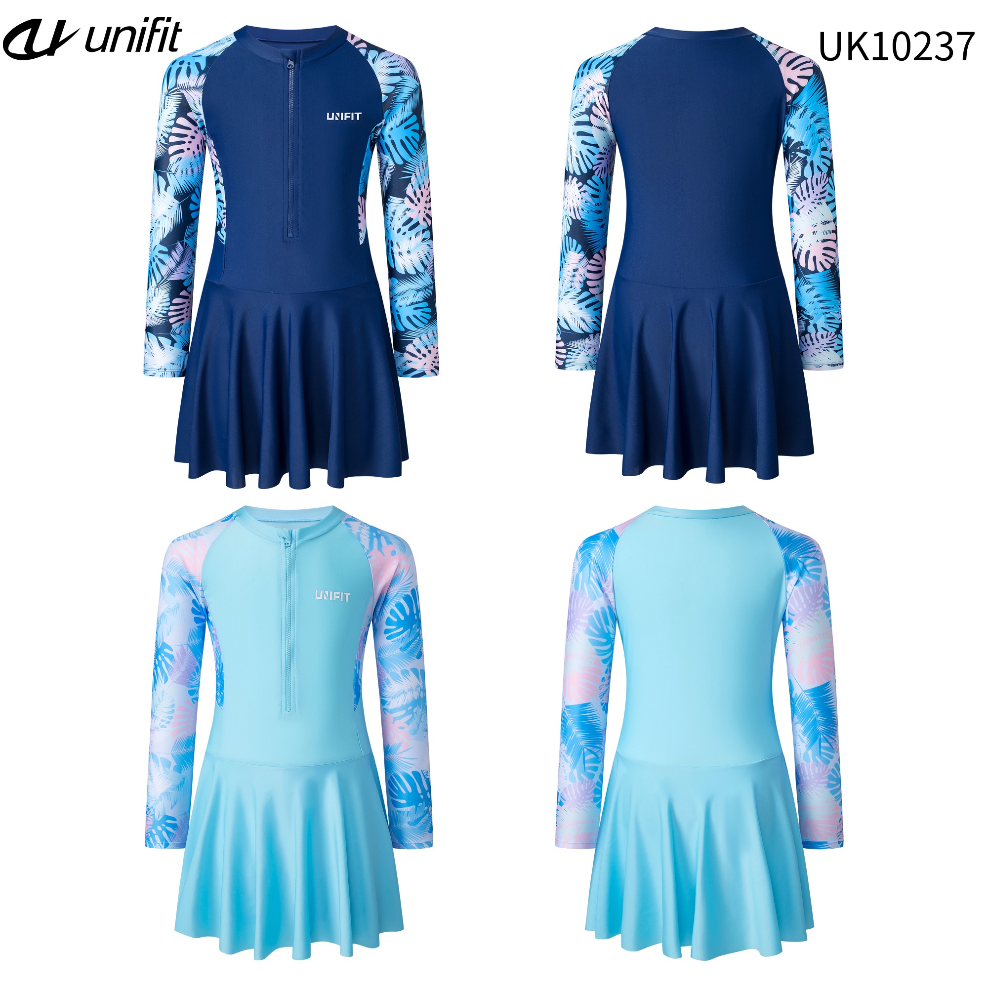 UNIFIT Girls Rashguard Long Sleeve One-Piece Swim Dress with Skirted ...
