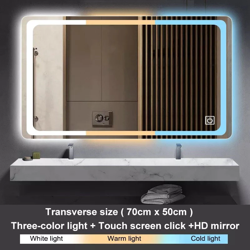 Smart LED Bathroom Mirror Tricolor Dimming White Cool Warm Light Modern ...