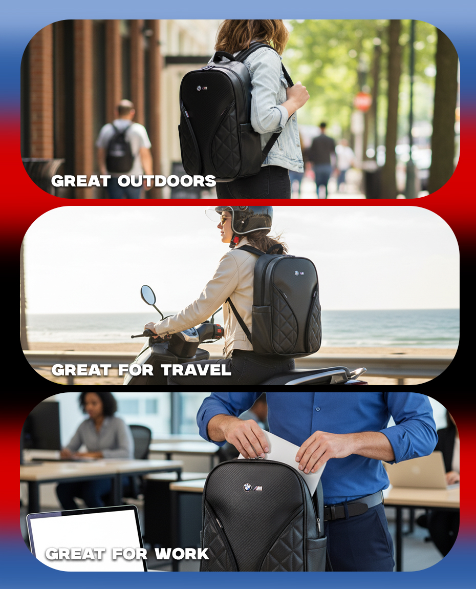 BMW M Badge Backpack 15″ Premium PU Leather Carbon Black Rugged ...