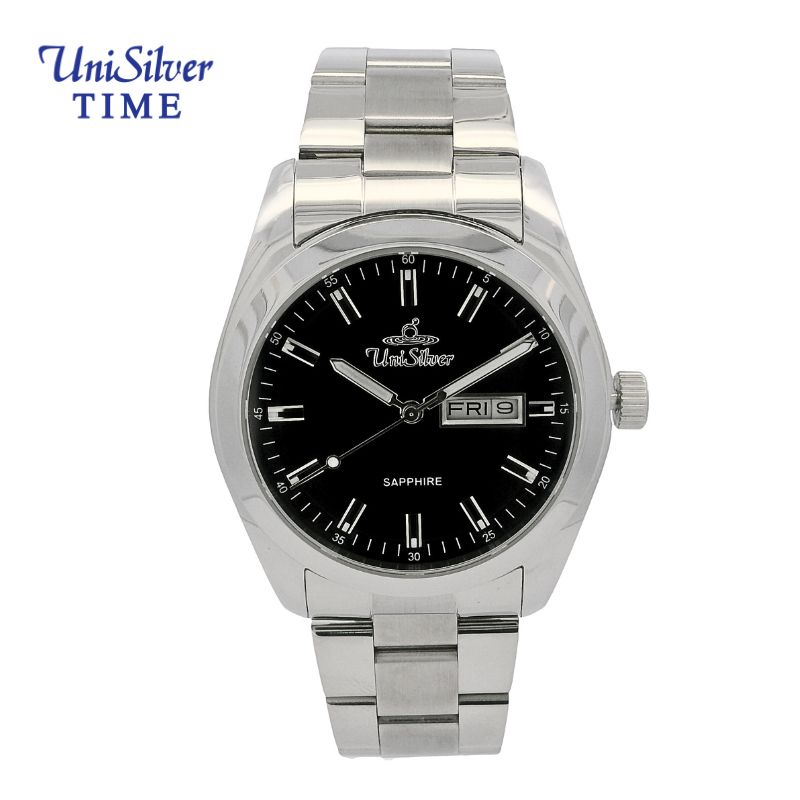 UniSilver TIME Mens Silver / Black Sapphire Glass Analog Stainless ...