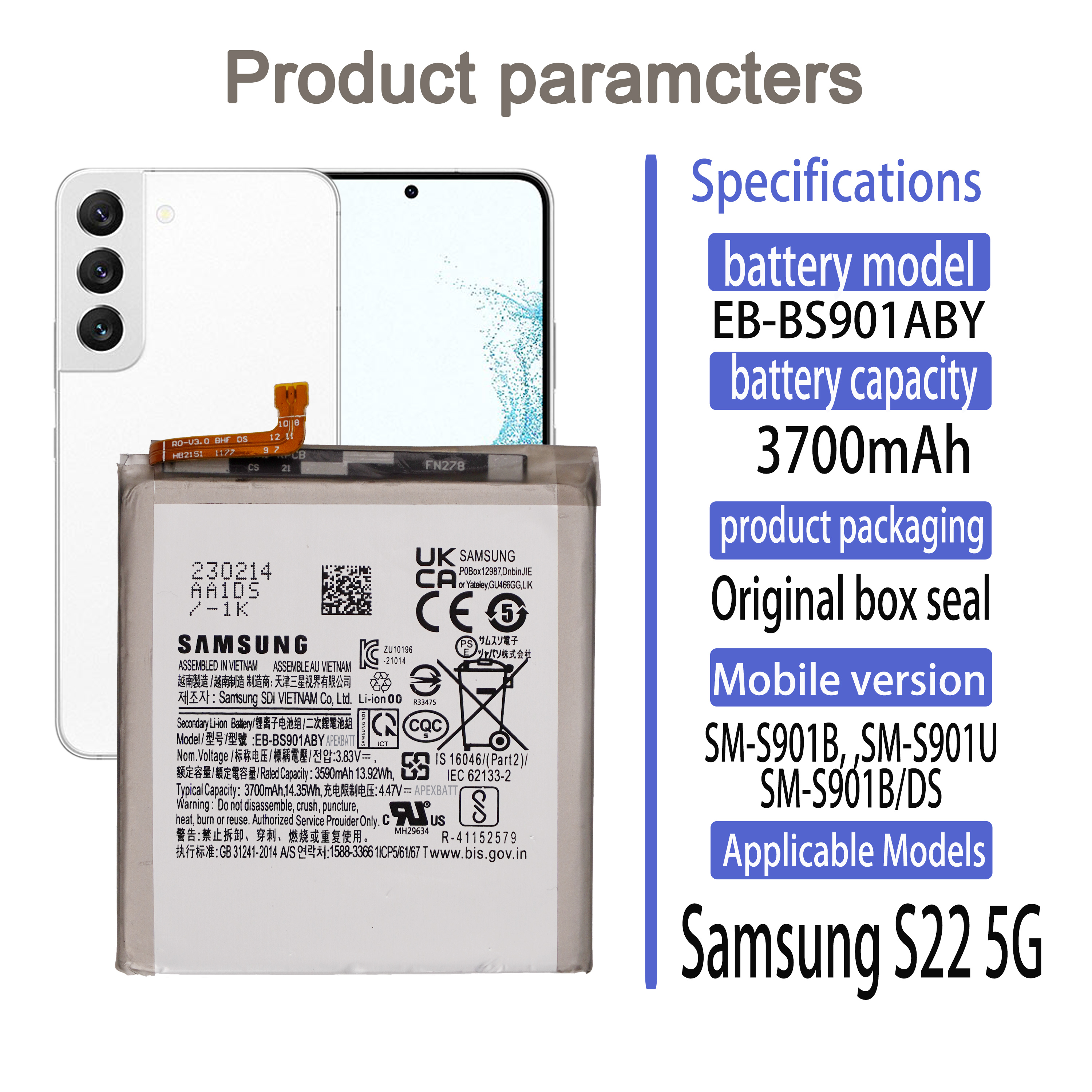APEXBATT Battery For Samsμng Galaxy S22 5G Battery SM-S901B/DS 3700mAh ...