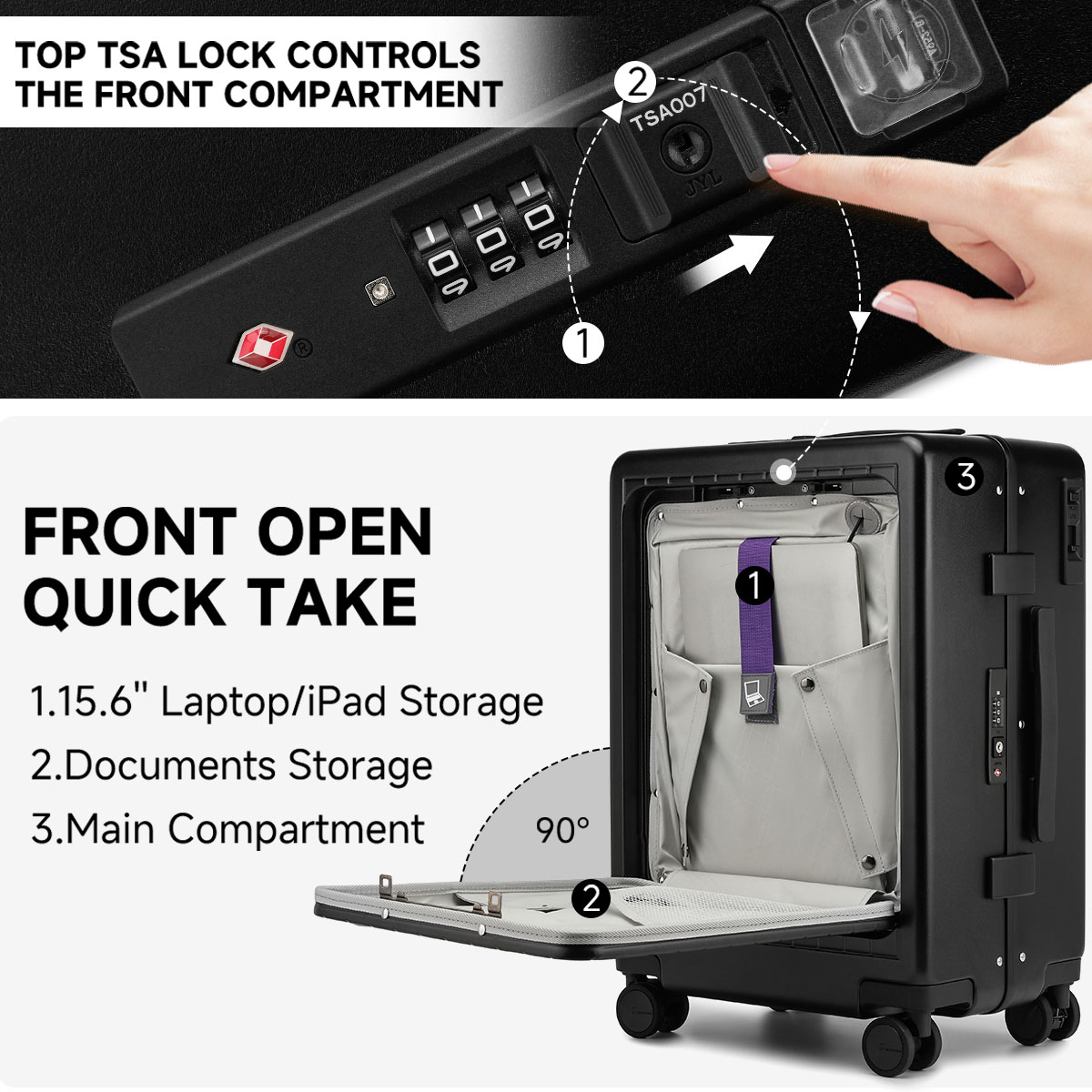 SEA CHOICE 20” Carry On Luggage, Aluminum Front Pocket, TSA Lock, USB ...