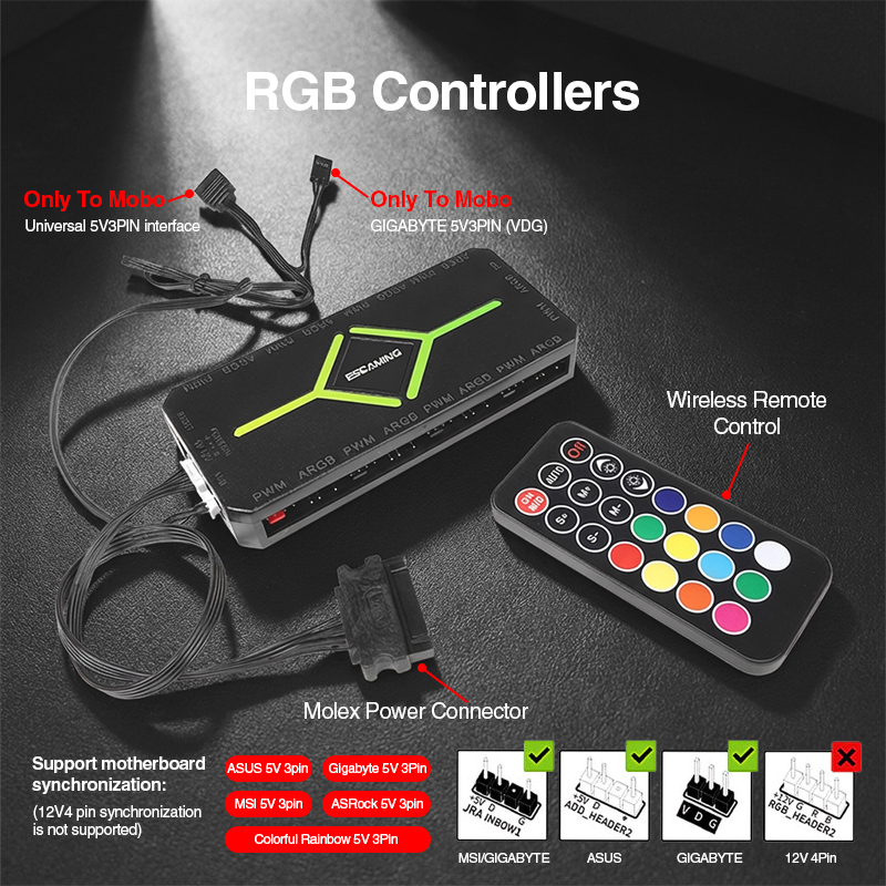 ESGAMING Hub 5V 3PIN ARGB 4 Pin PWM PC Case CPU Fan 9 Ports Controller ...