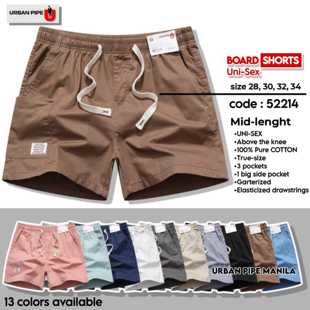 URBAN PIPE Unisex (52214) PLAIN board shorts for men MID-LENGTH COTTON ...
