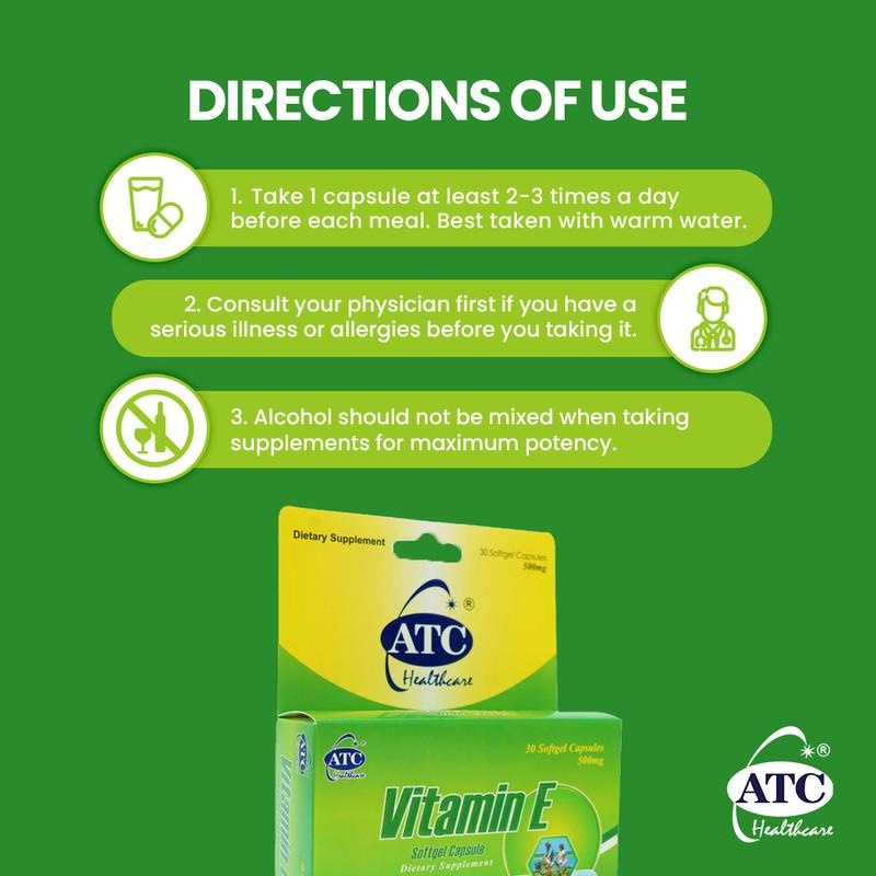 ATC Vitamin E 500mg x 30 Capsules FDA Approved Dietary Supplement For ...