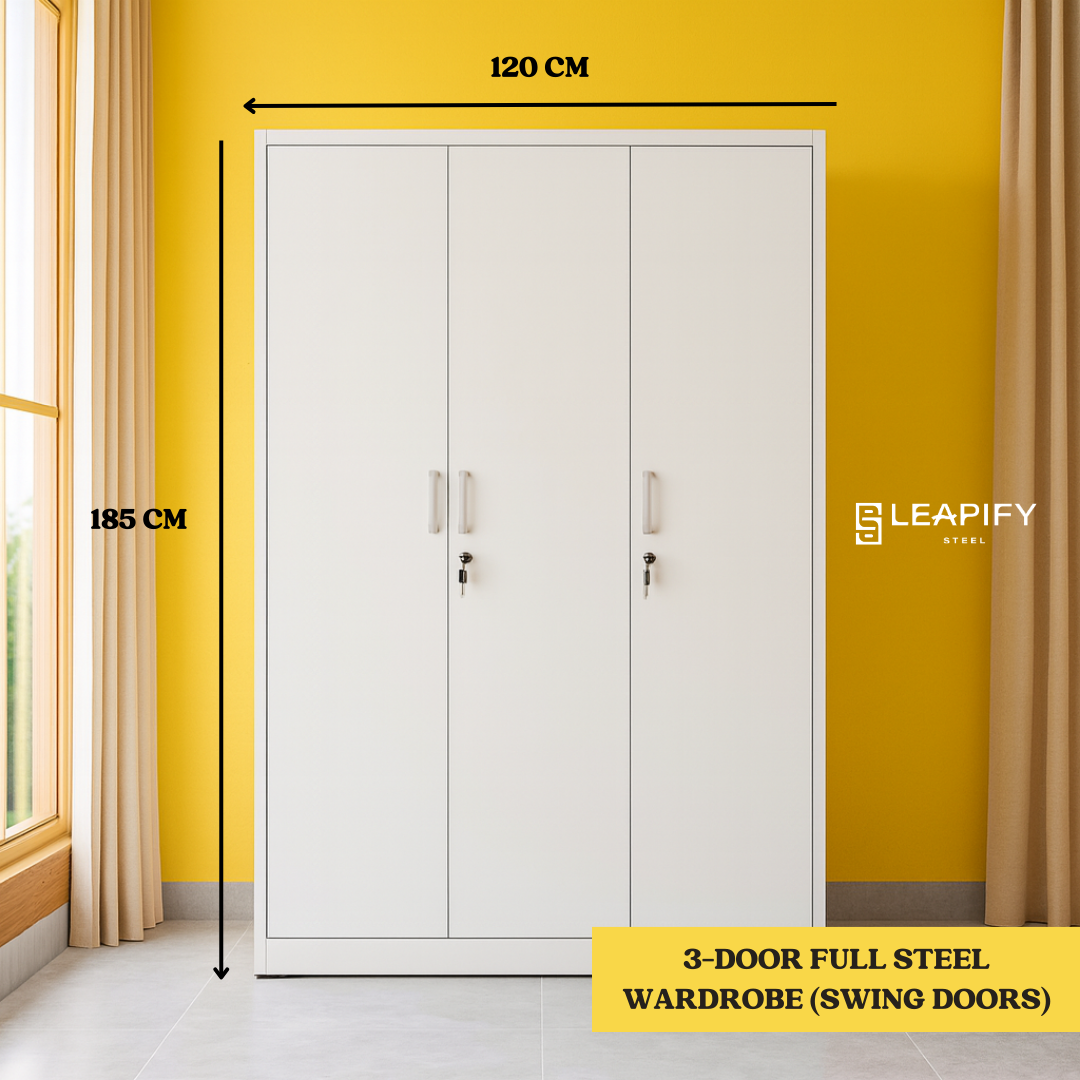 HANNAH | Full Steel 3-door Swing Wardrobe - with Hanging Rod and Mini ...