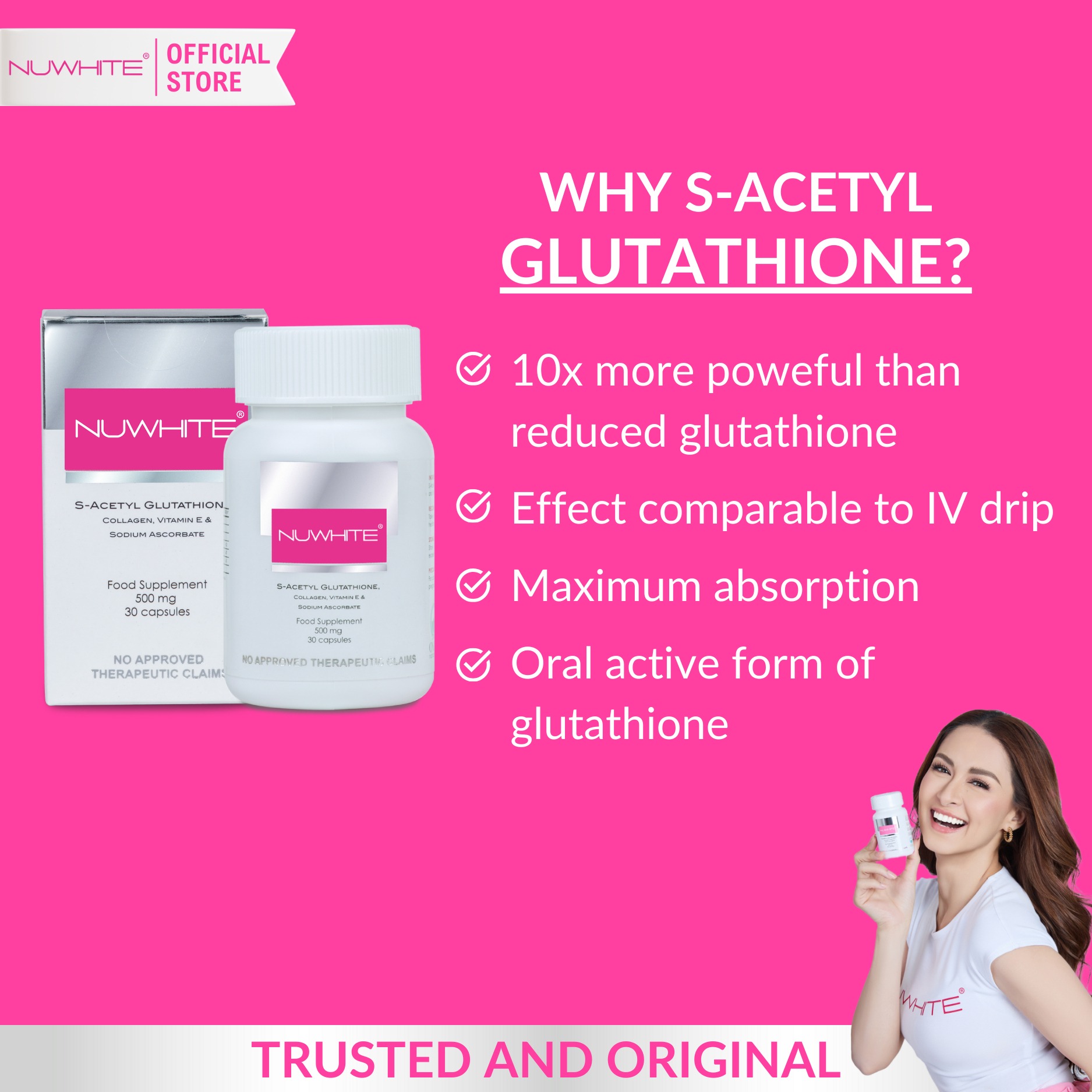NUWHITE S-Acetyl Glutathione + Collagen + Sodium Ascorbate + Vitamin E Whitening Supplement ...
