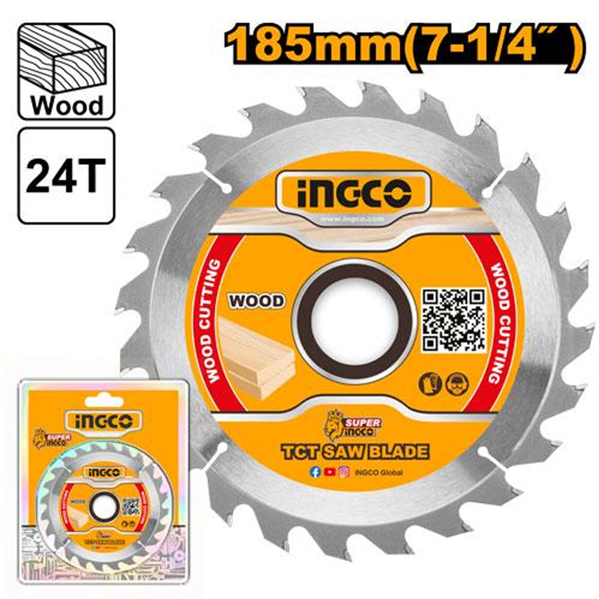 INGCO TCT Saw Blade 185mm 24T with Reduction Ring for Wood Cutting ...
