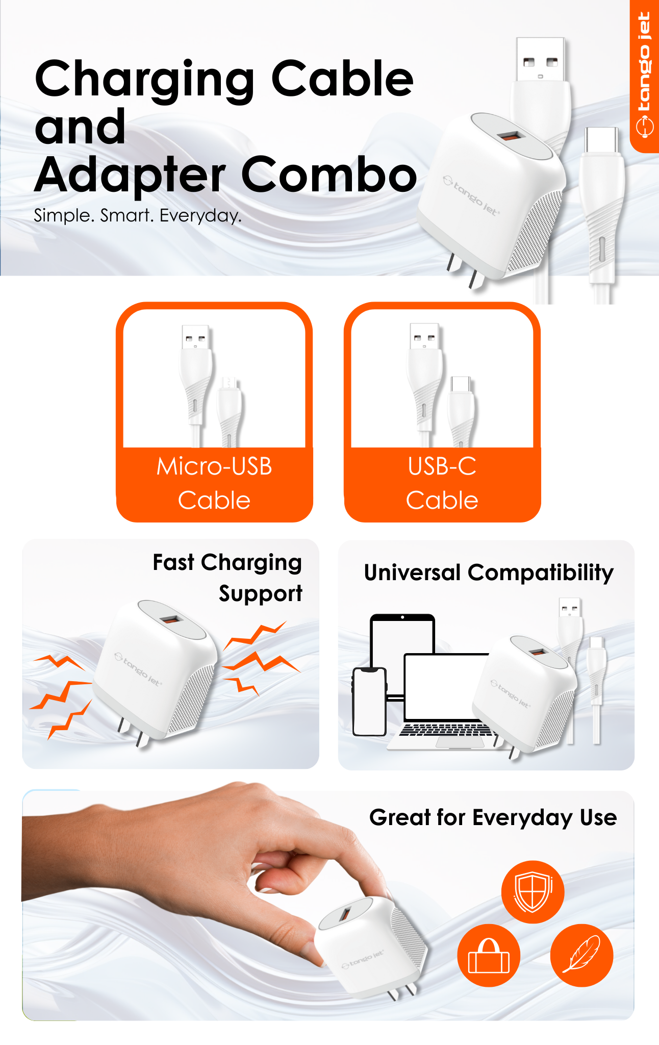 Tango Jet Charging Cable and Adapter Combo | Micro-USB USB C | Travel ...