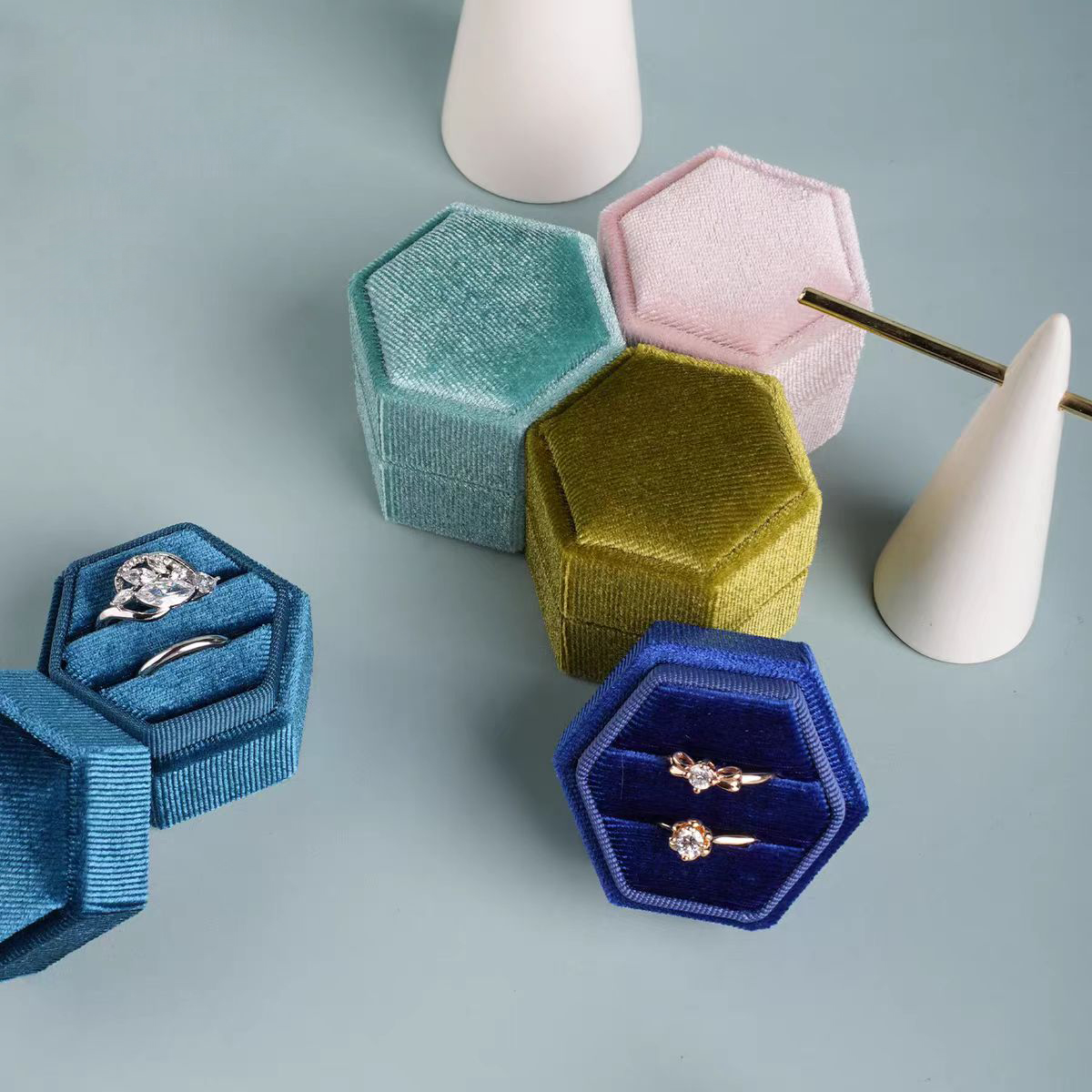 Velvet Double Ring Box Hexagon Wedding Ceremony Ring Box Gift Storage ...