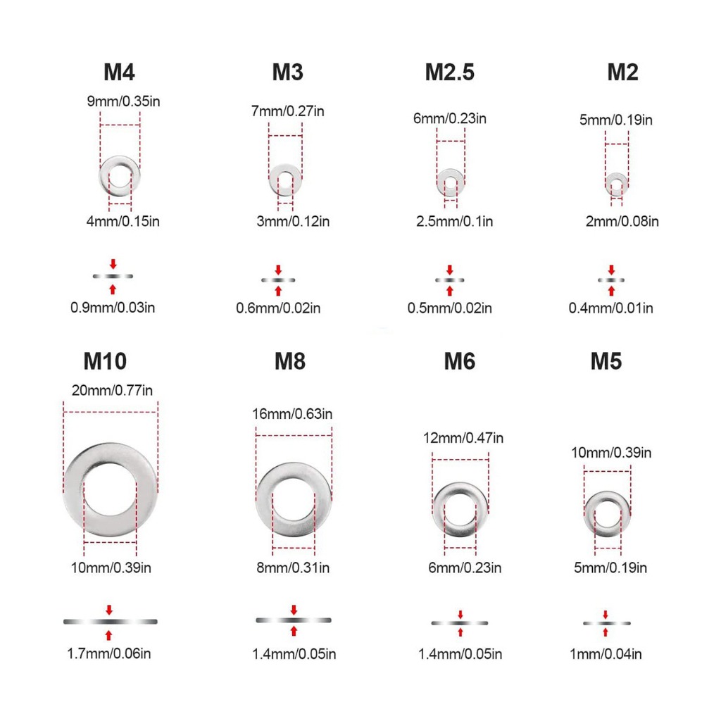 360PCS Flat Washers 304 Stainless Steel M3 M4 M5 M6 M8 M10 Flat Washer ...