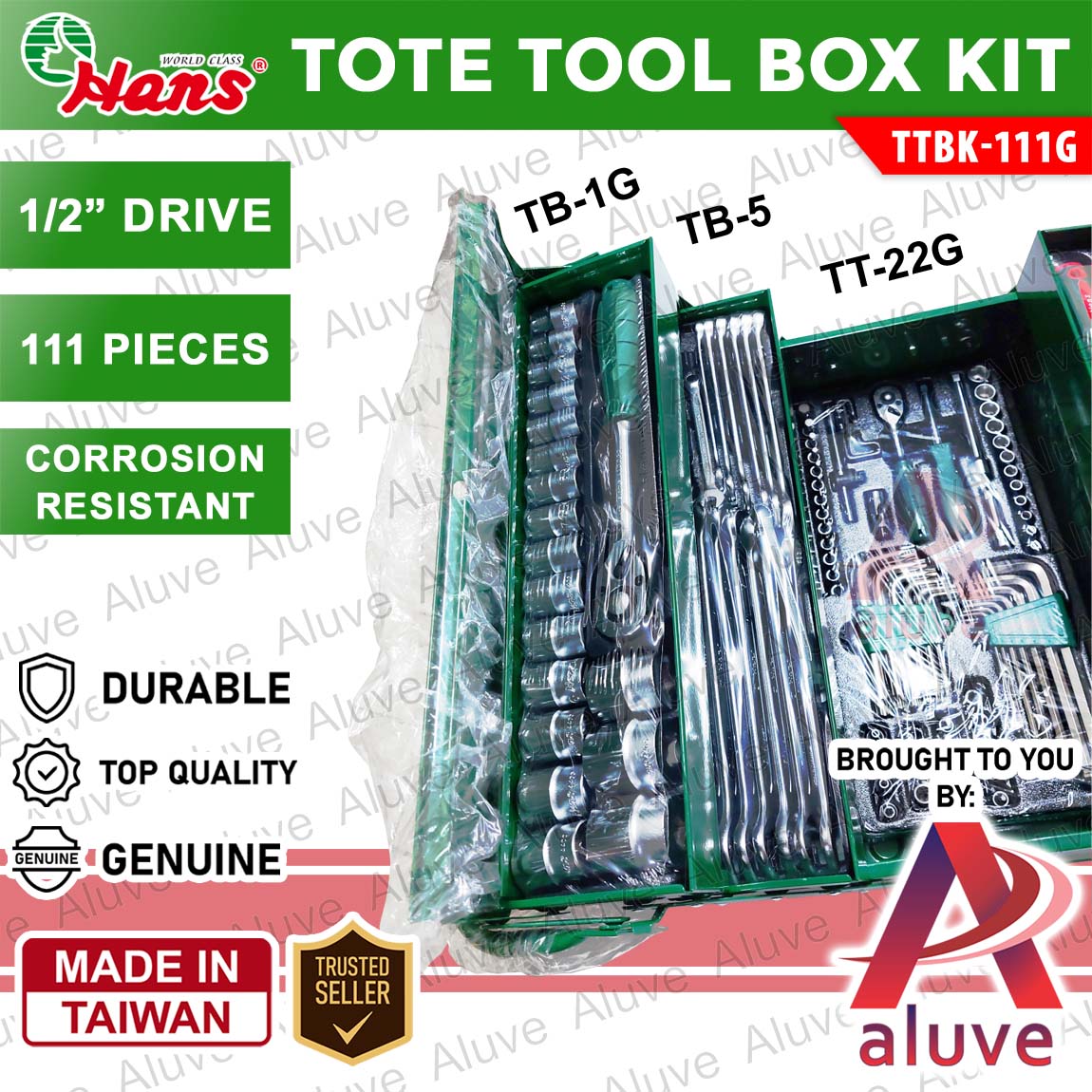 Hans TTBK-111G 1/2" Drive Tote Tool Box Kit – 111-Piece METRIC Mechanic ...