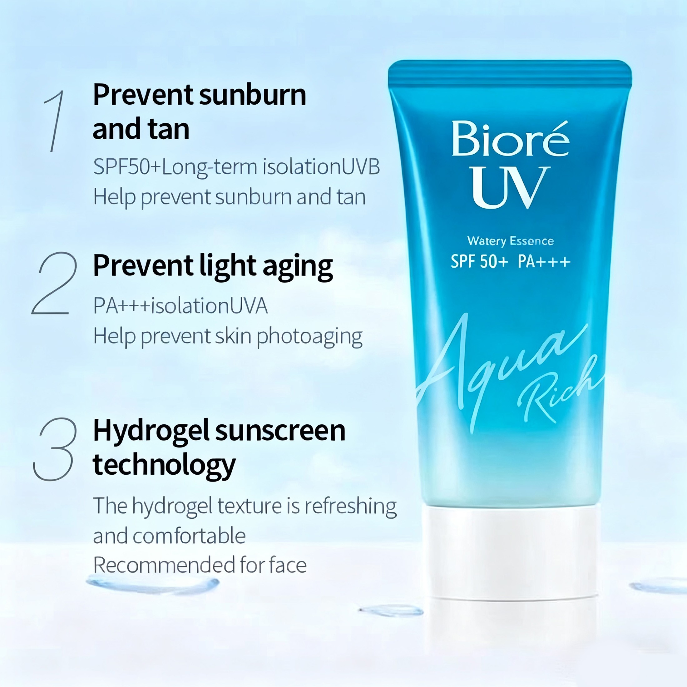 Biore Watery Essence Sunscreen SPF 50+++ Beach Travel Lightweight ...