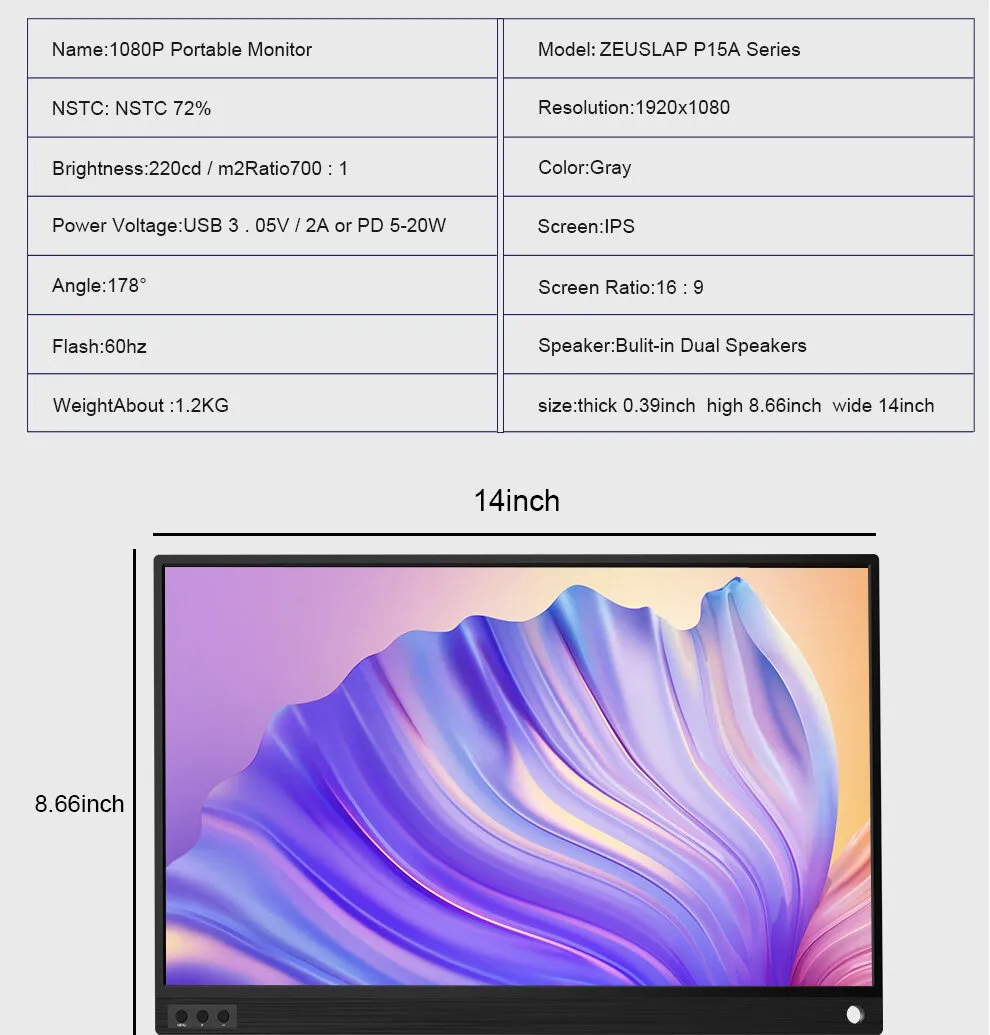 Portable Monitor with touch IPS Usb Type-c HDMI HDR 1920*1080p Display ...
