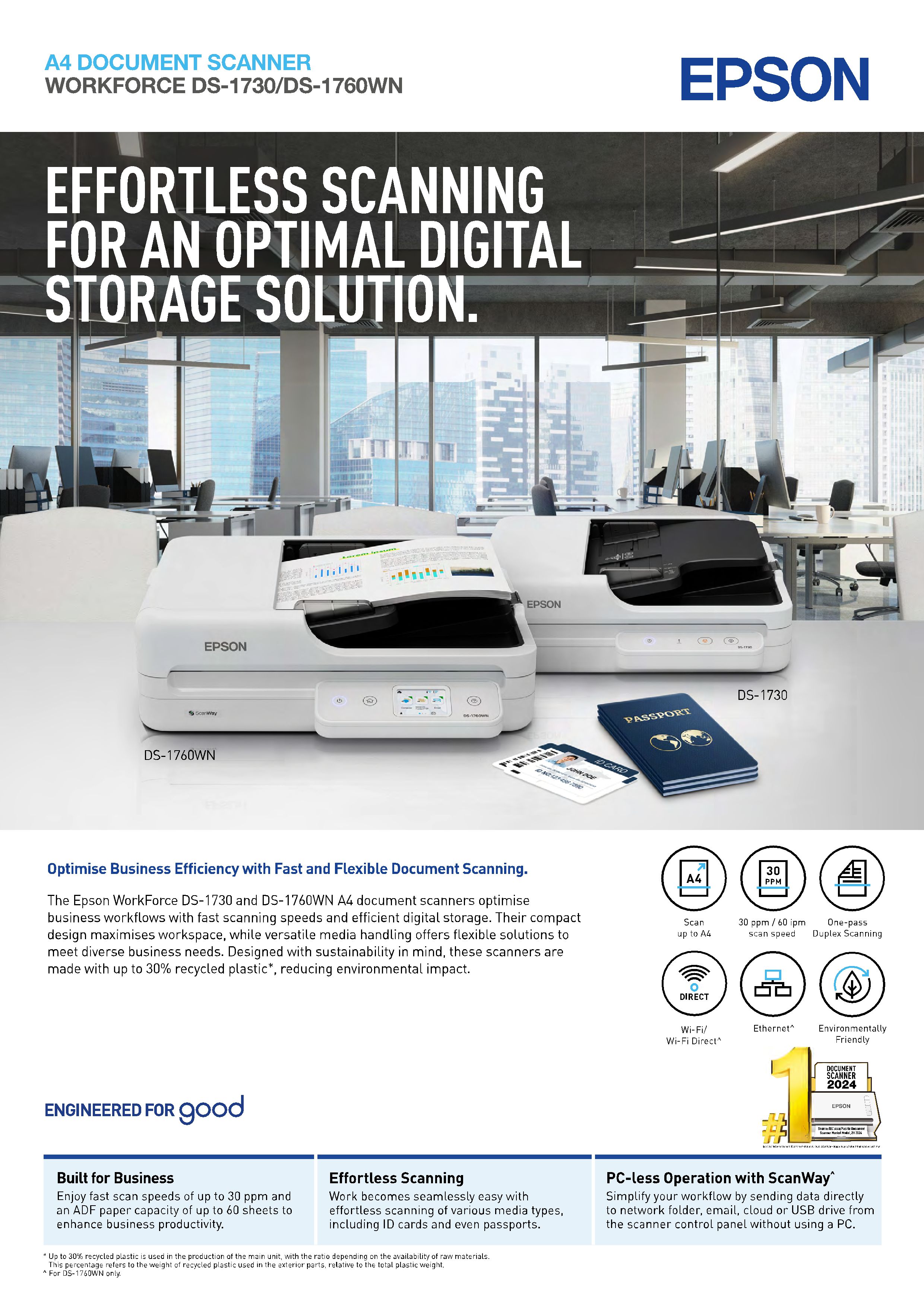 Epson WorkForce DS-1730 A4 Flatbed Document Scanner with Duplex ADF ...