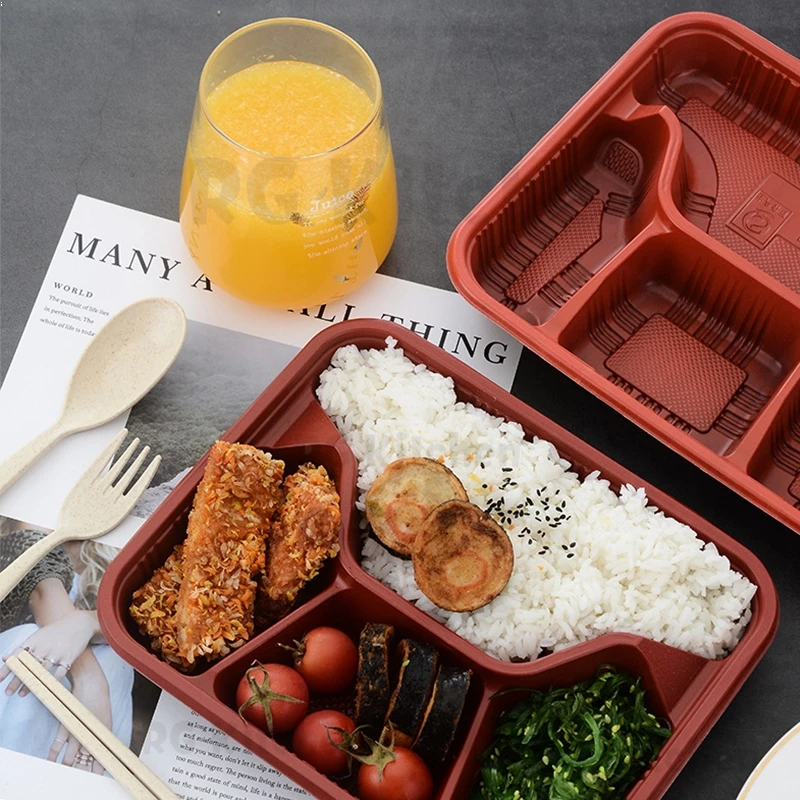 (100pcs) Thick food material red bento box 1/2/3/4/5 grid partition ...