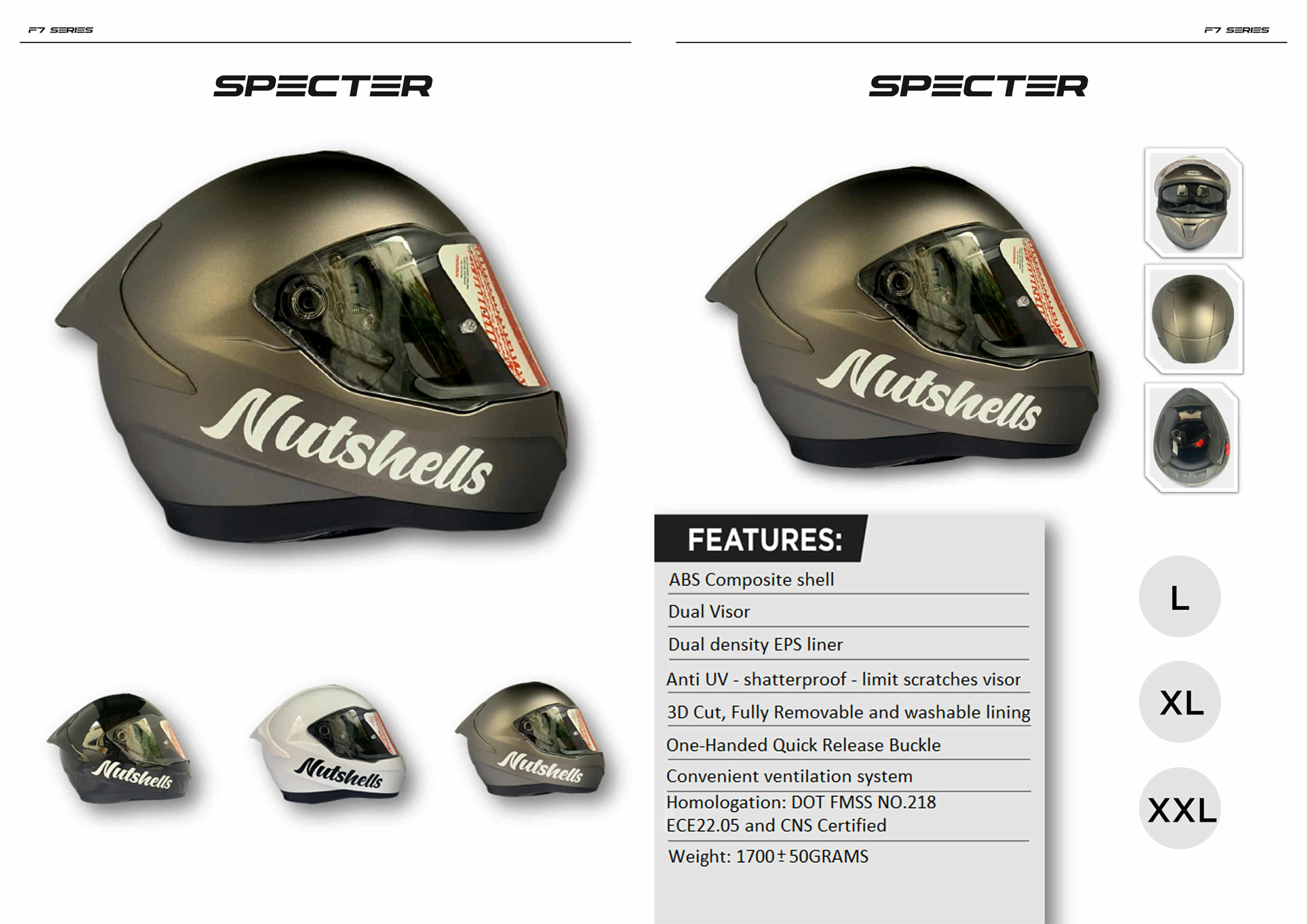 NUTSHELL HELMET SPECTER FULL FACE W/ INNER VISOR F7 SERIES PLUS 1 EXTRA ...