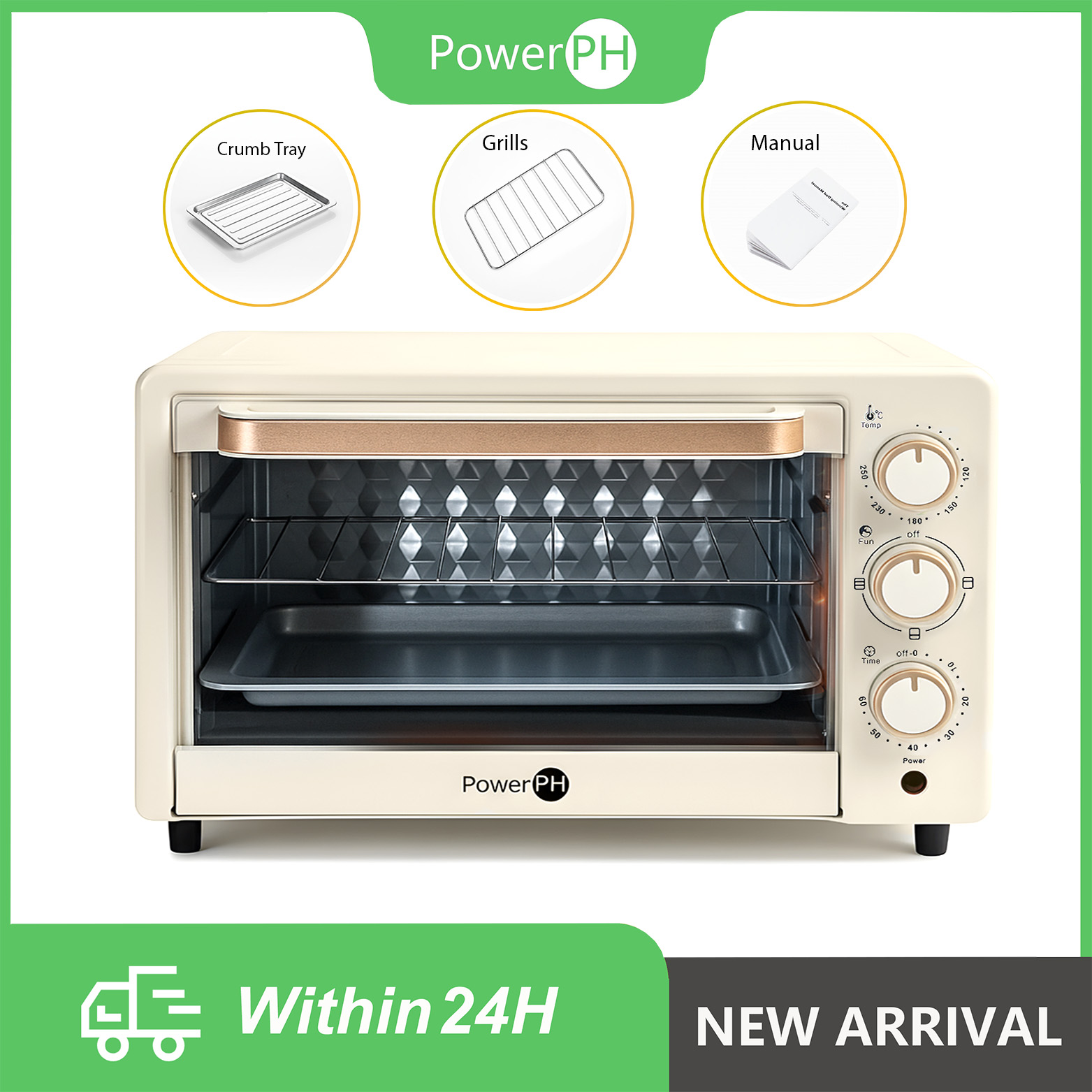 POWER PH 20L Electric Oven Toaster White Mini Oven Triple Knobs Upper ...