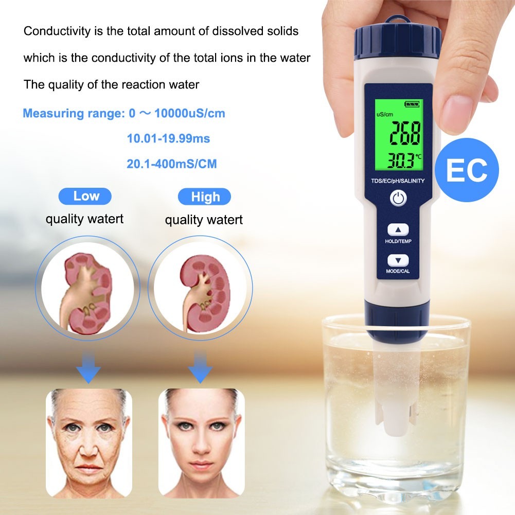 Reeopee 5 In 1 PH Meter Water Quality Tester PH/EC/TDS/Salinity/TEMP ...