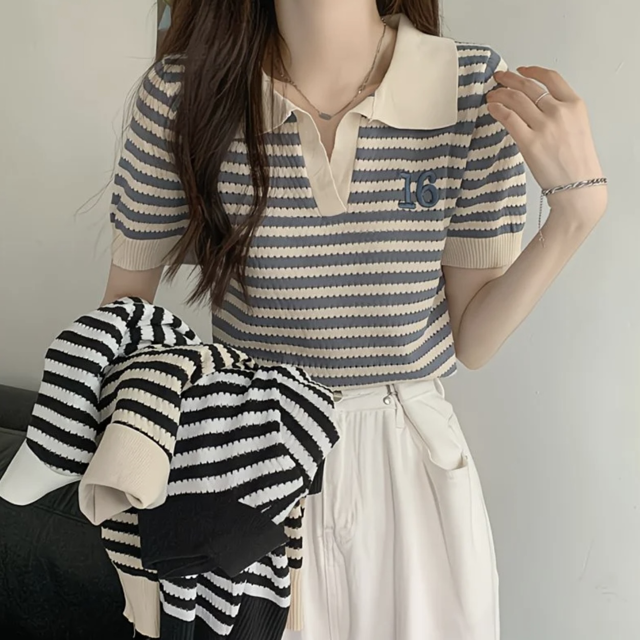 Jolly Chic Embroidery Eyelet Collar Neck Knitted Top M1545 | Shopee ...
