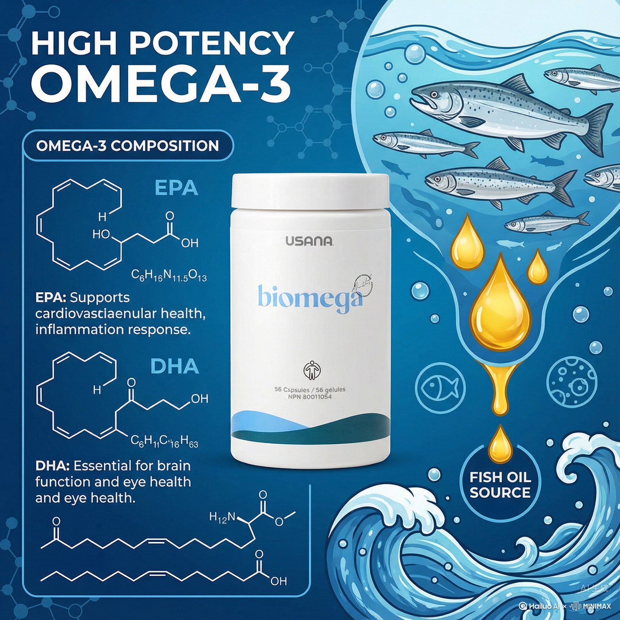 USANA Biomega Fish Oil Supplement Omega-3 EPA DHA Vitamin D 56 Gelcaps ...
