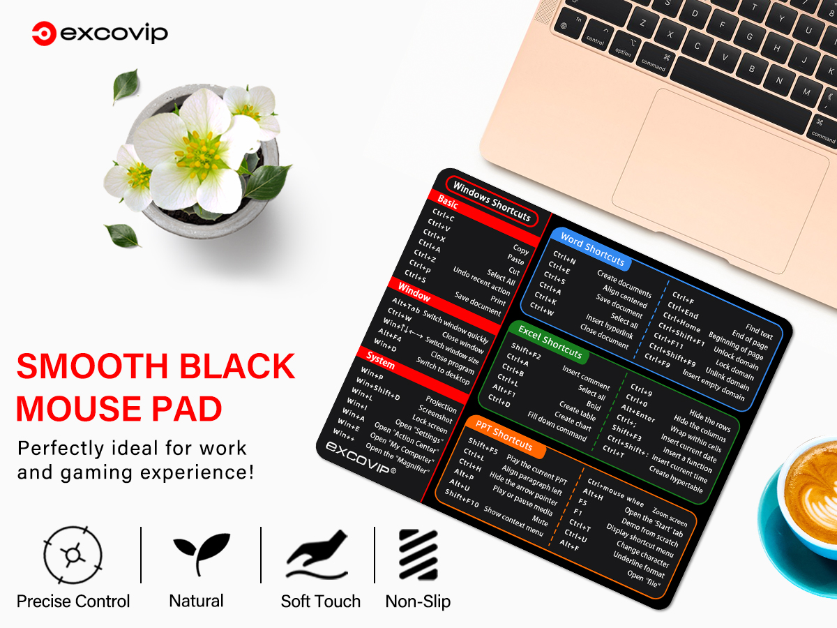 Office Shortcut Key Mouse Pad Soft Lock Edge Non Slip Efficient Laptop ...