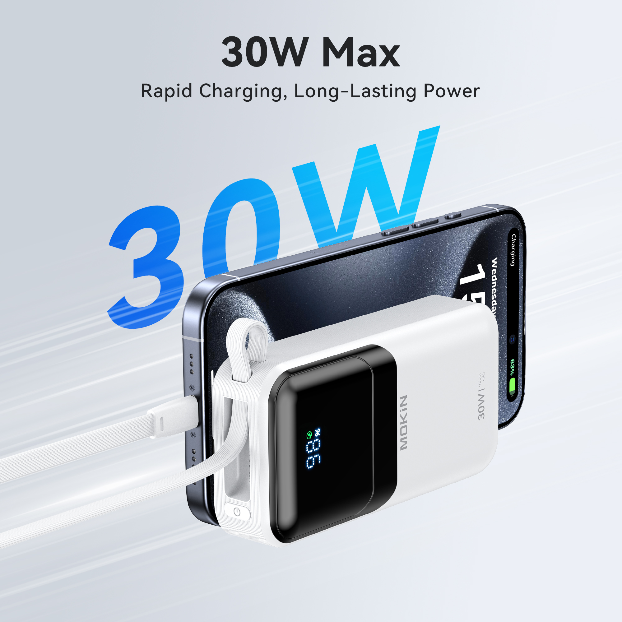 MOKiN 10,000mAh 30W Portable Power Bank - Built-in USB C & iOS Cables ...