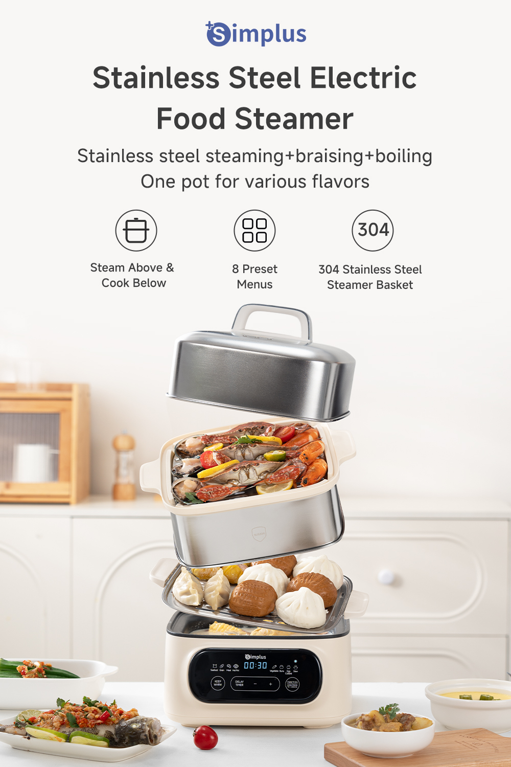 Simplus Electric Steamer 2-Tier Steamer, 11L Capacity, 24h Reservation ...