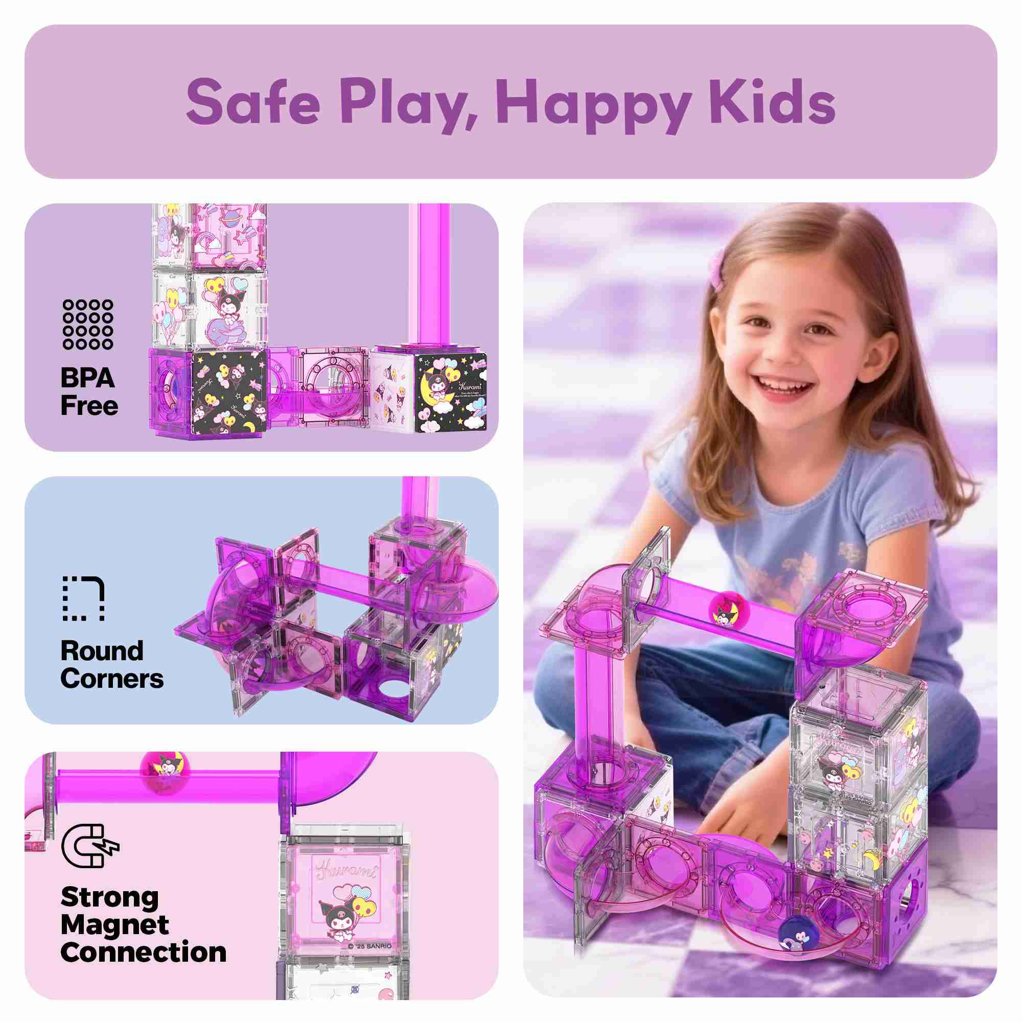 Kuromi Picasso Tiles Marble Run 46 pieces Magnetic Tiles for Kids Ages ...