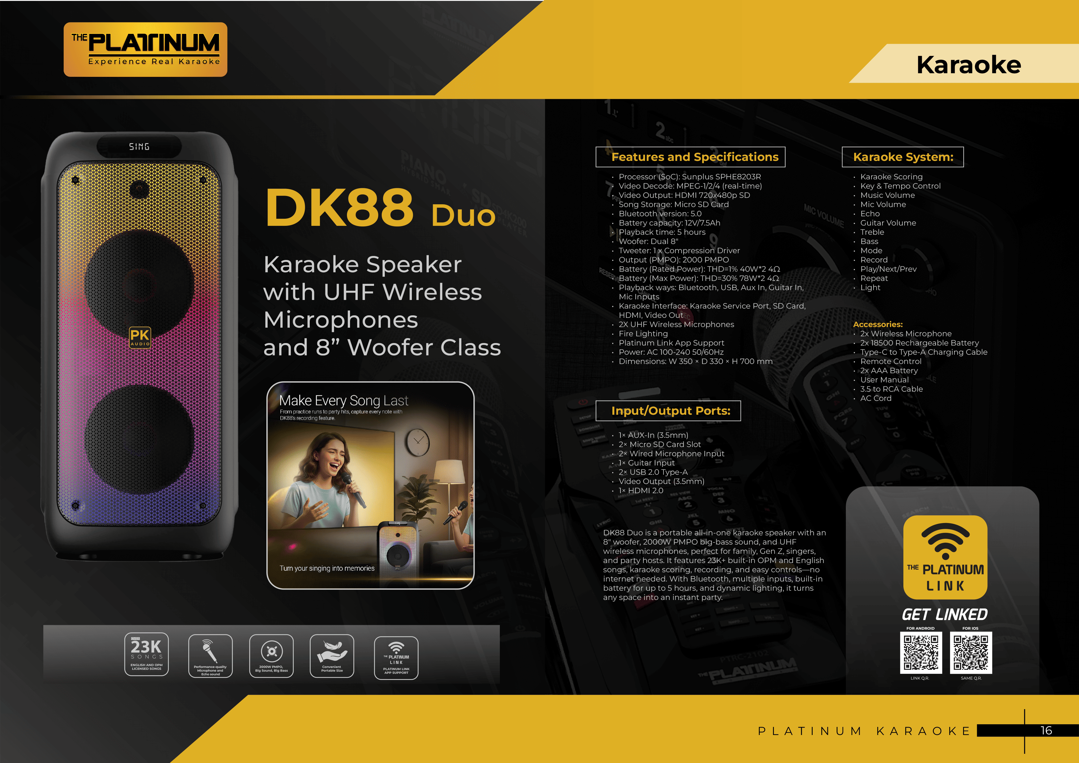 Platinum Karaoke DK88 Duo Party Jukebox Bluetooth Speaker w/ Built-in ...