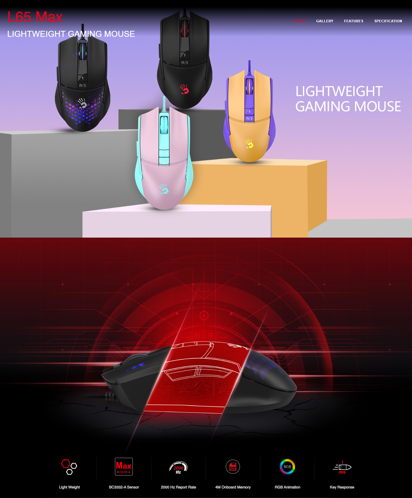 A4Tech Bloody L65 Max 12,000 CPI RGB 8000 FPS Braided Cable Lightweight ...