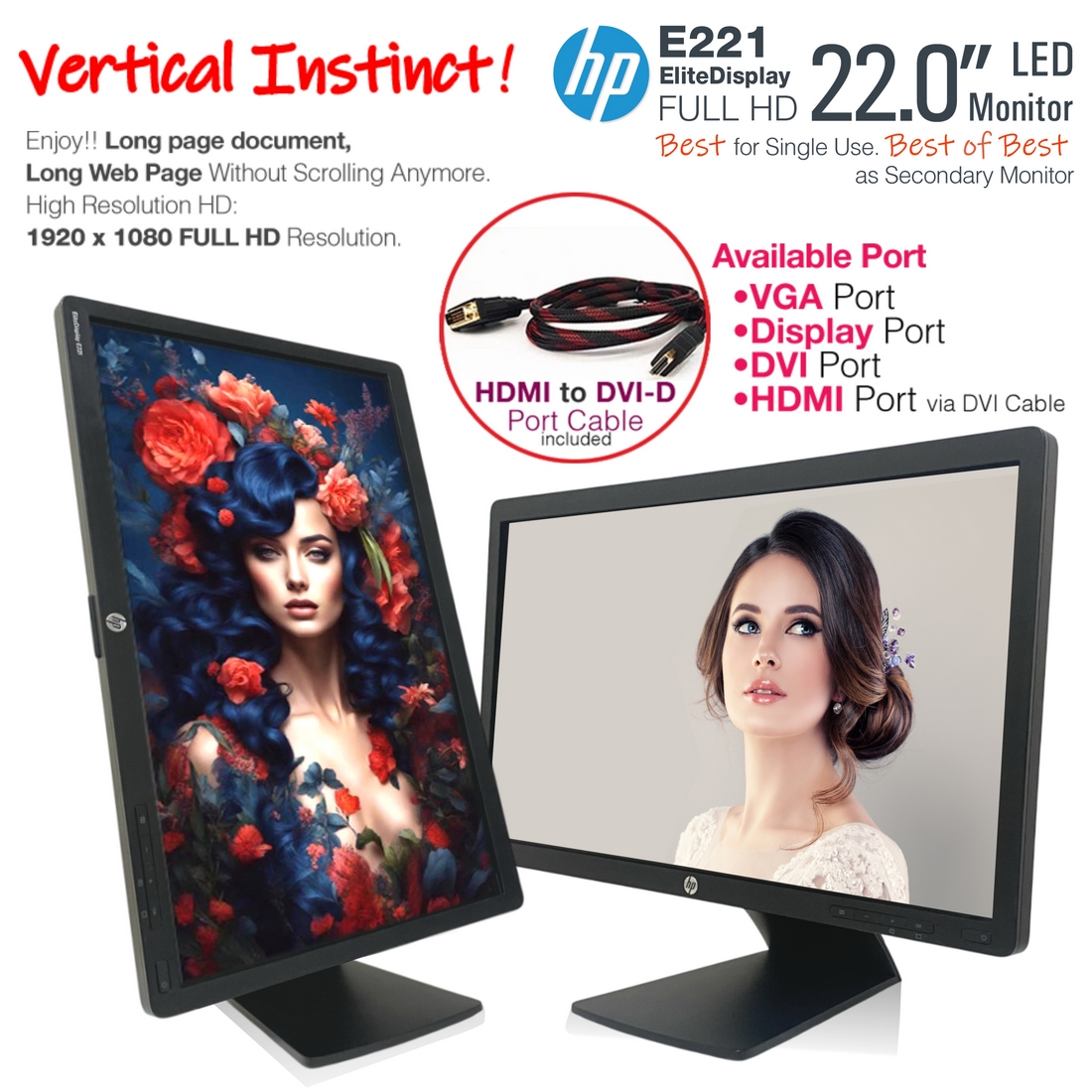 HP 22" FULL HD LED Monitor - with PIVOT / Vertical Mode Function ...