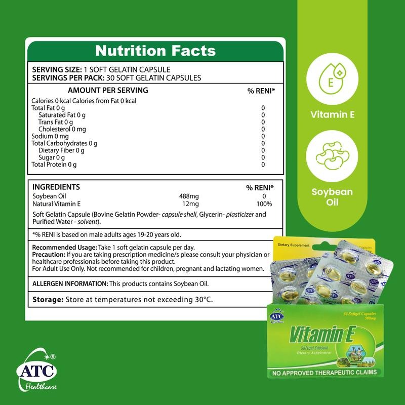 ATC Vitamin E 500mg x 30 Capsules FDA Approved Dietary Supplement For ...
