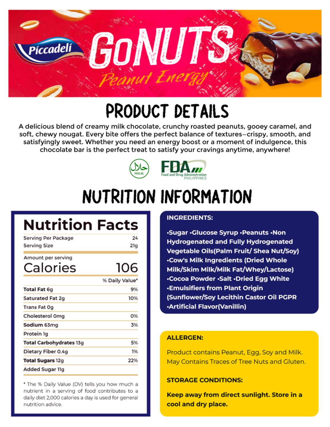 Piccadeli Gonuts Peanut Energy Chocolate 24x21g | Shopee Philippines