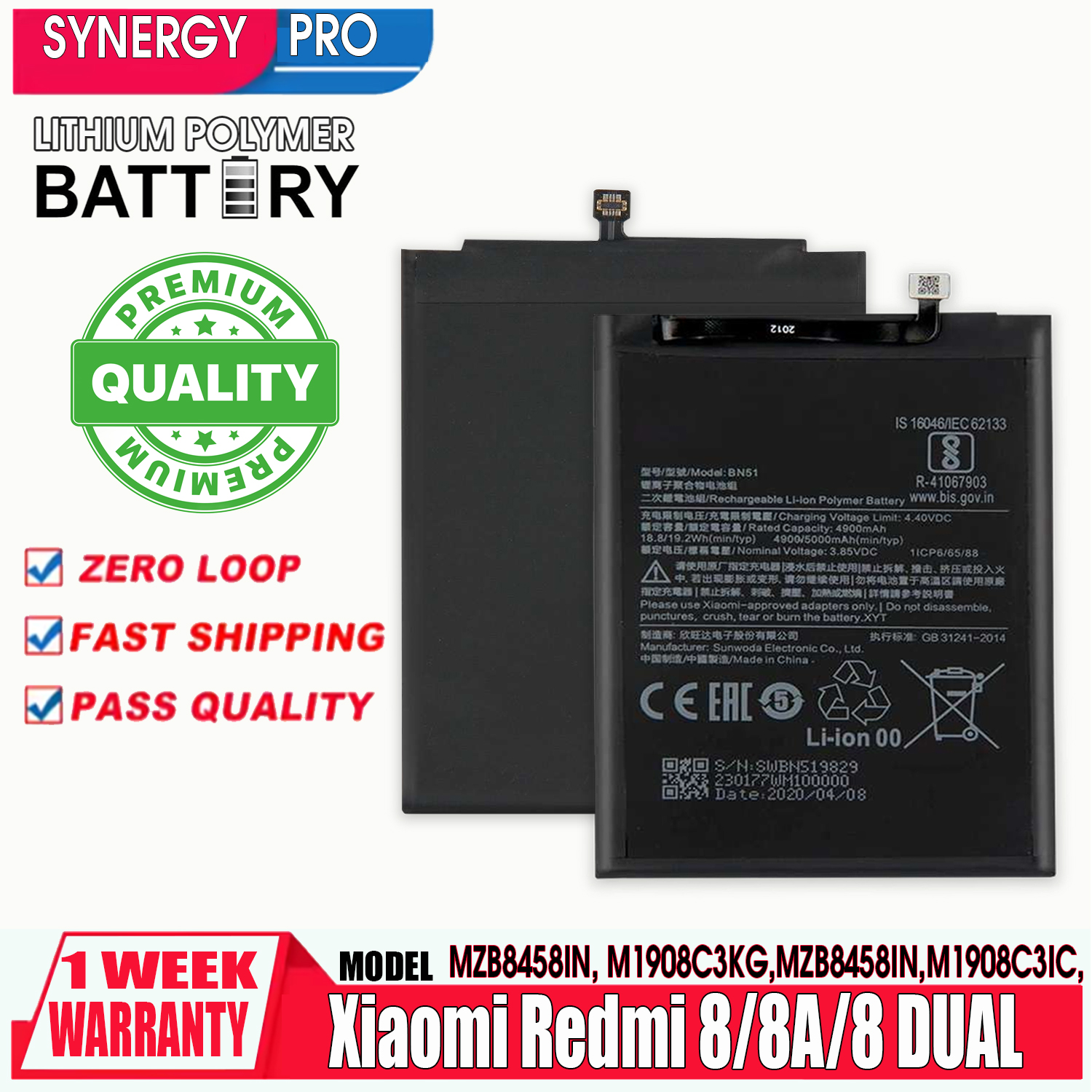 BN51 BATTERY FOR XIAOMI REDMI 8/8A/8 DUAL BATTERY MODEL BN51 5000MAH ...