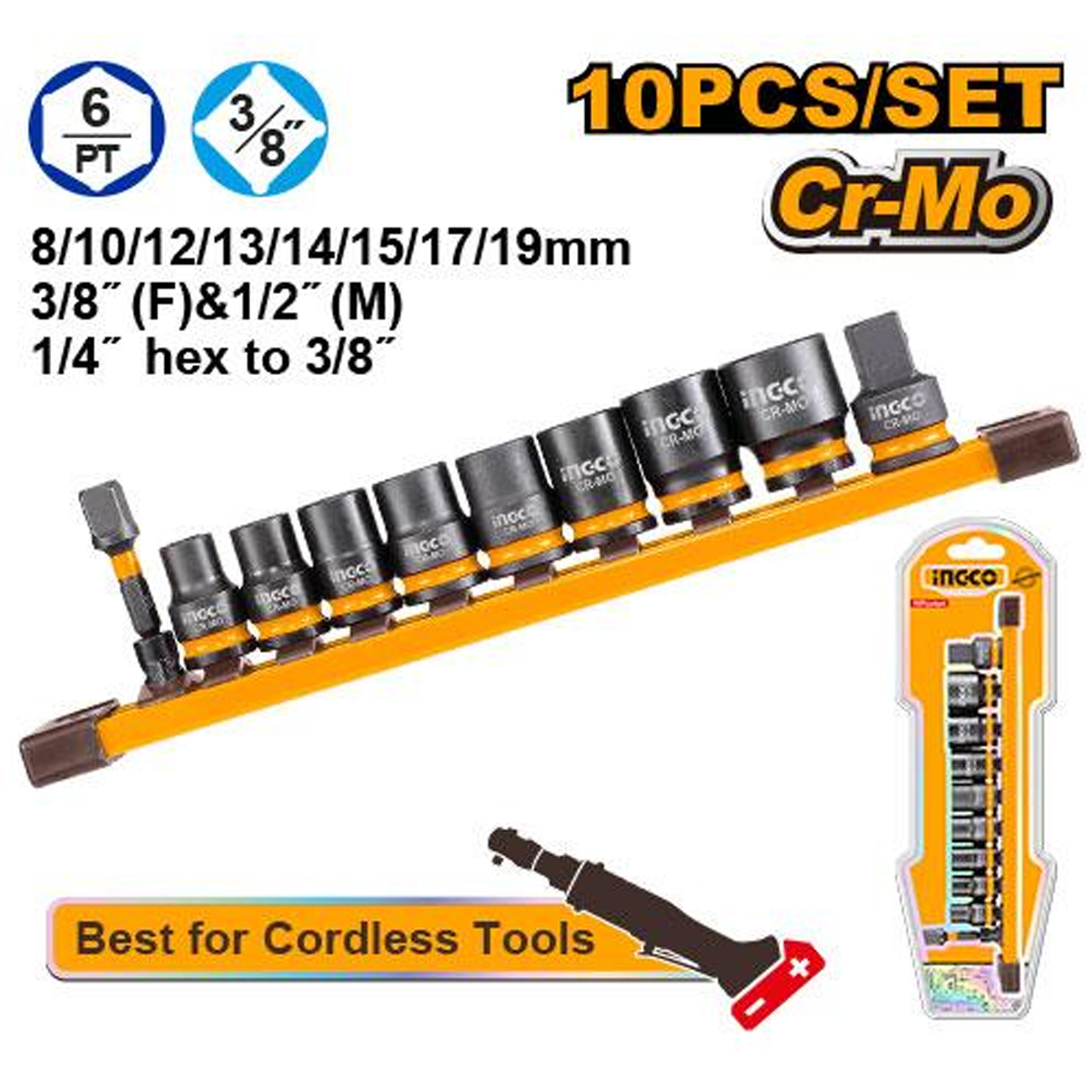 INGCO 10 Pcs 3/8"DR. Impact Socket Set with Adapters for CDRLI206015 ...