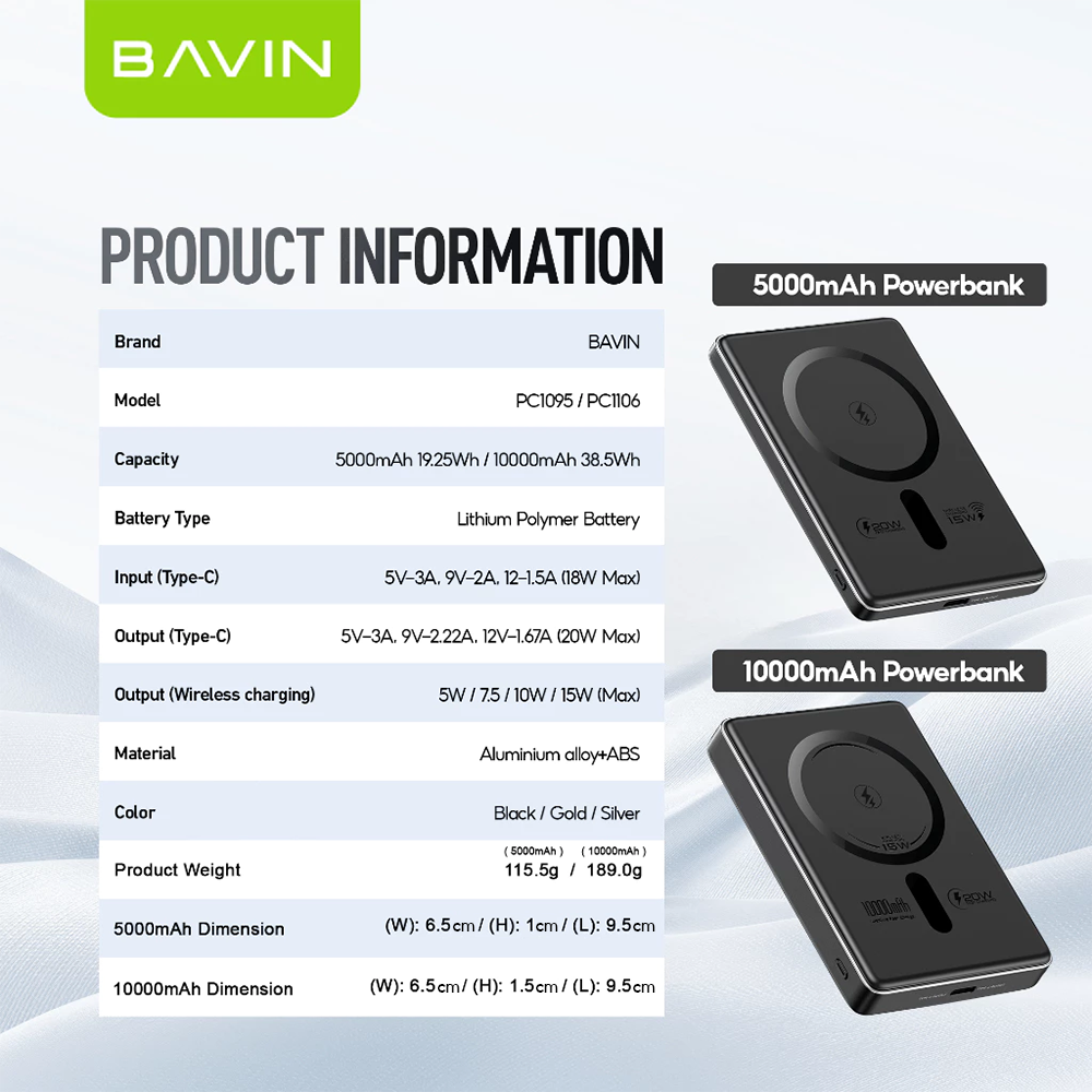 BAVIN PC1095 / PC1106 10000mAh 15W Ultra Thin Fast Charging Wireless Powerbank w/ Free Magnetic ...