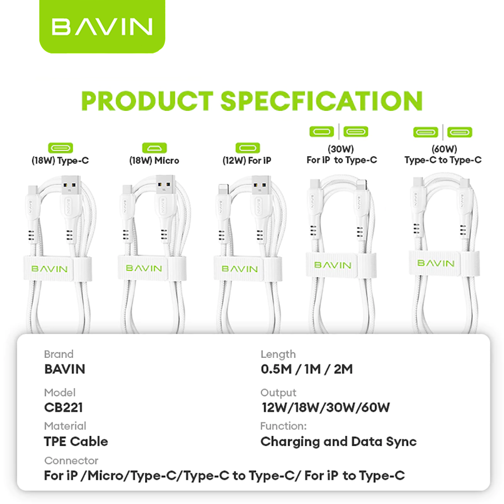 BAVIN CB221 60W PD Fast Charging Cable Data USB Cord 0.5/1/2 Meters for ...