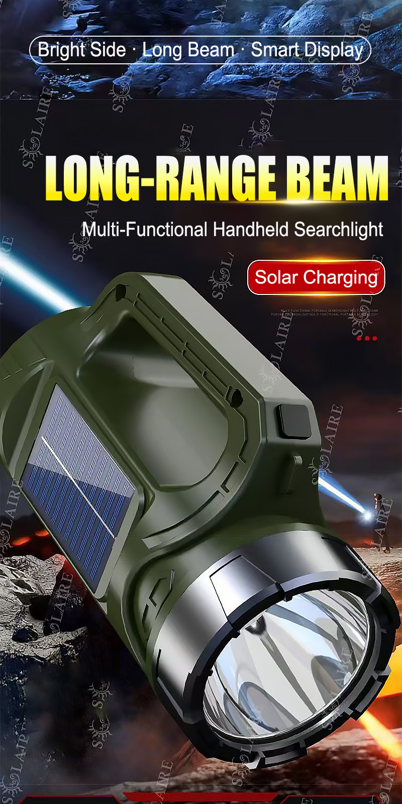 Solar Charging Searchlight Flashlight Heavyduty Long Battery Life LED Emergency Glare Flashlight ...