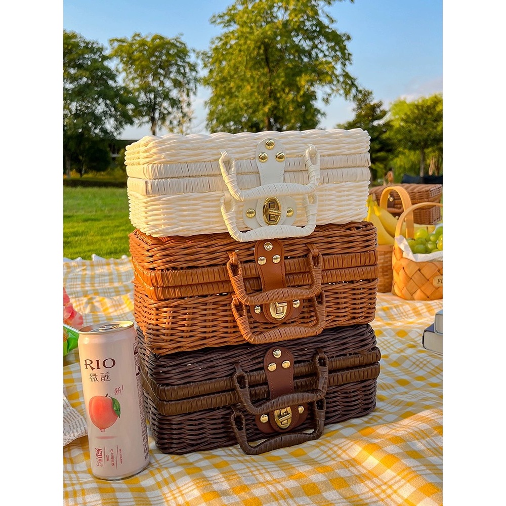 W4Y Rattan Suitcase Vintage Decor Baskets with Lids Makeup Carrying ...
