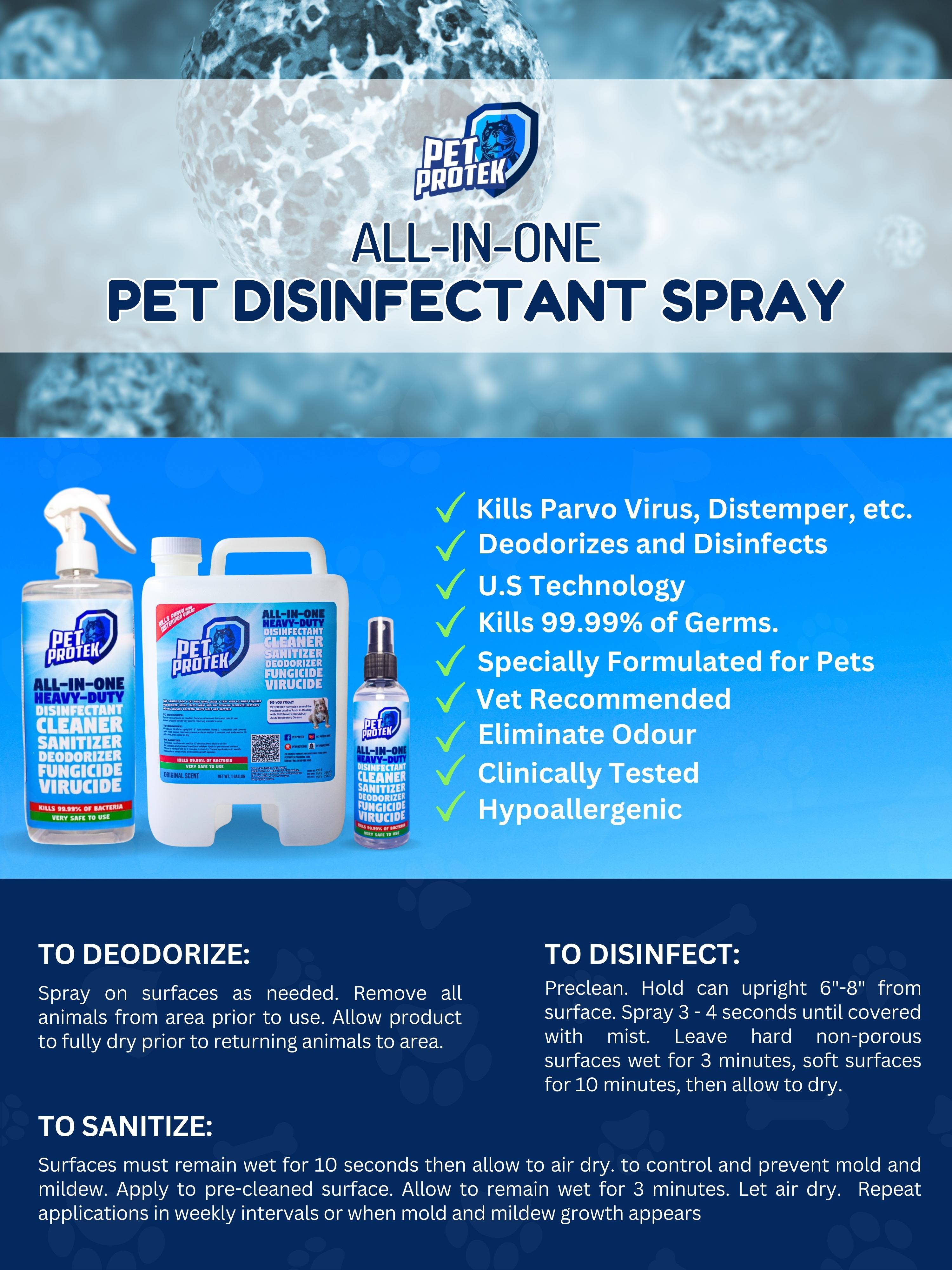 PET PROTEK ALL IN ONE DISINFECTANT SPRAY (500ml) CLEANER SANITIZER DEODORIZER PETS DOG CAT BIRD ...